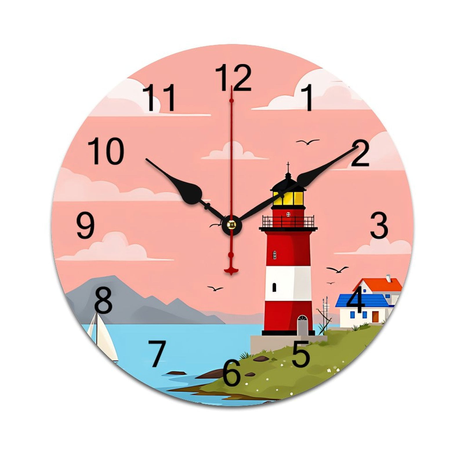 Serene Beach Lighthouse A Bright Blue Sky with Clouds Printed Silent ...