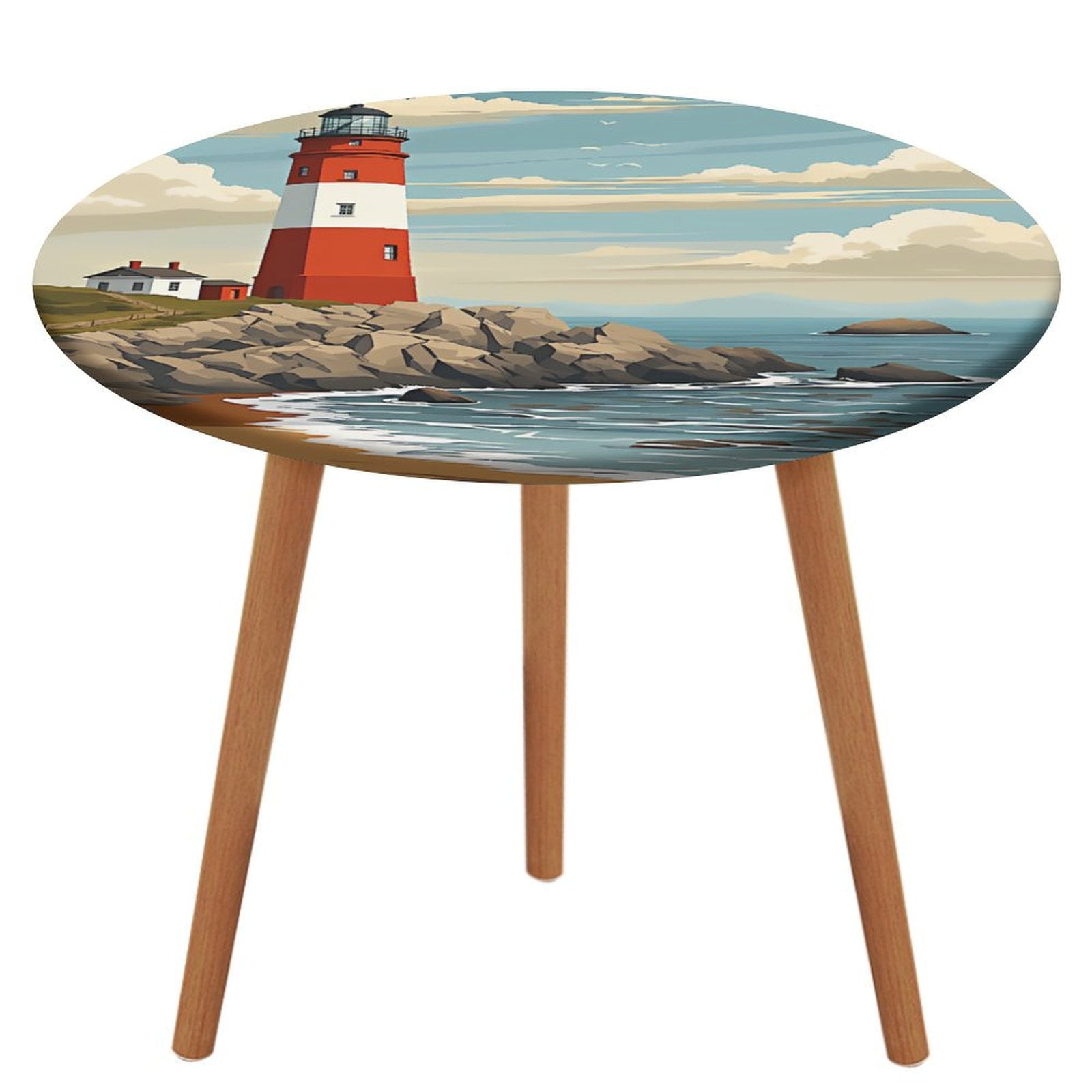 Serene Beach Lighthouse A Bright Blue Sky with Clouds Pattern Round ...