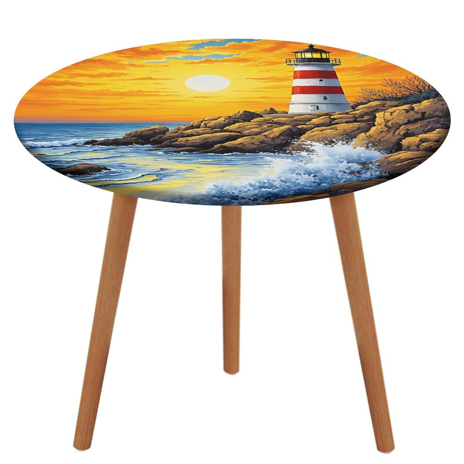 Serene Beach Lighthouse A Bright Blue Sky with Clouds Pattern Round ...