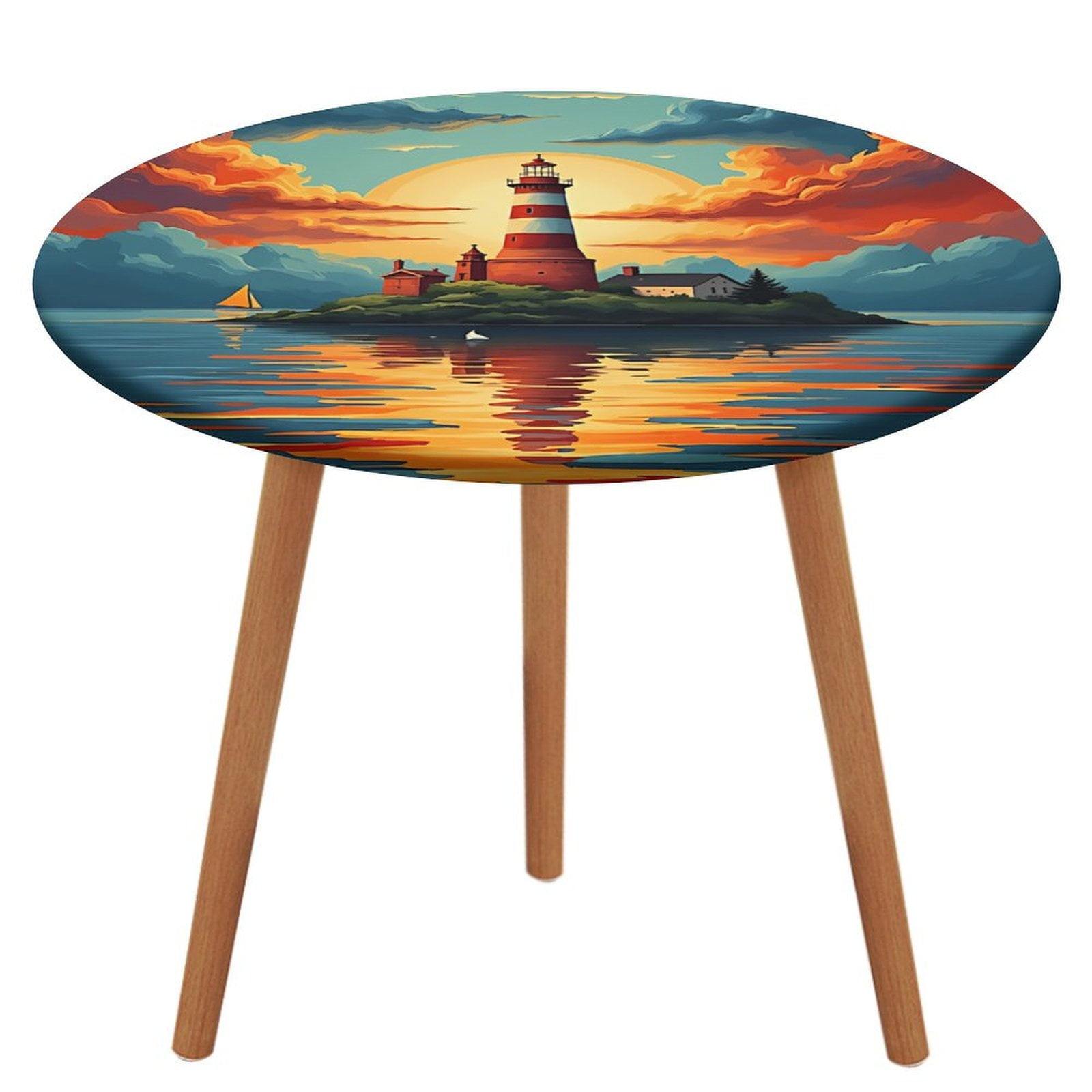 Serene Beach Lighthouse A Bright Blue Sky with Clouds Pattern Round ...