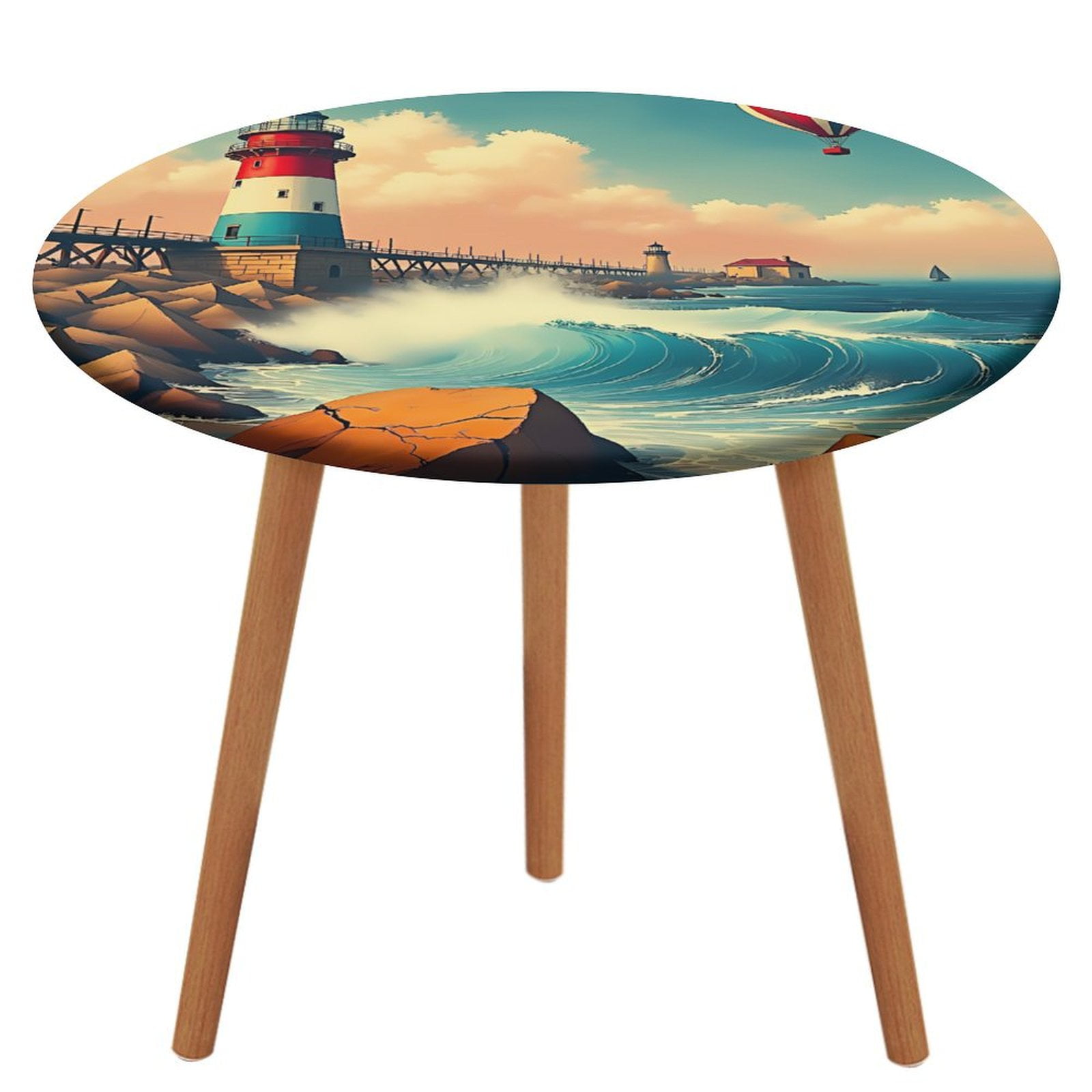 Serene Beach Lighthouse A Bright Blue Sky with Clouds Pattern Round ...