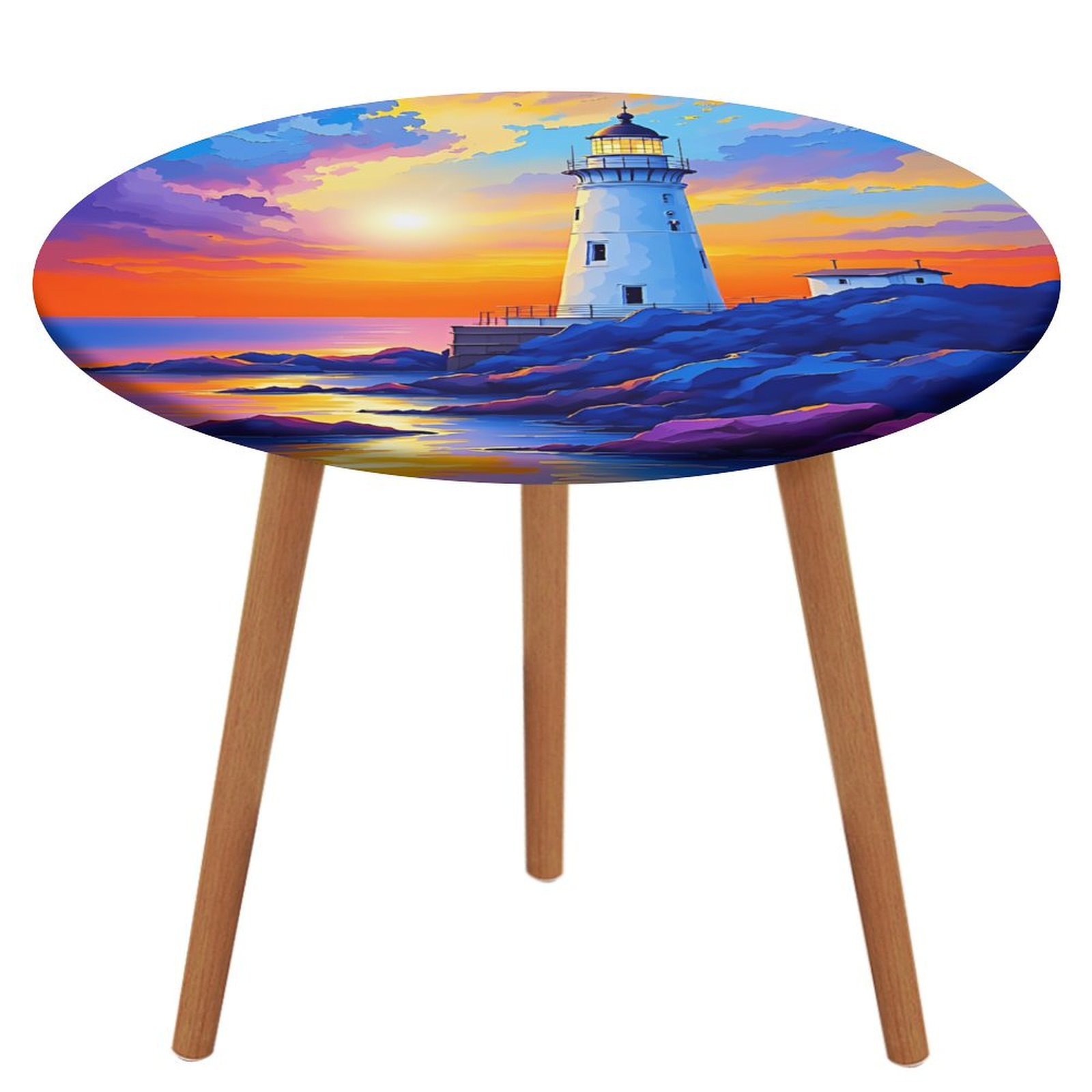 Serene Beach Lighthouse A Bright Blue Sky with Clouds Pattern Round ...