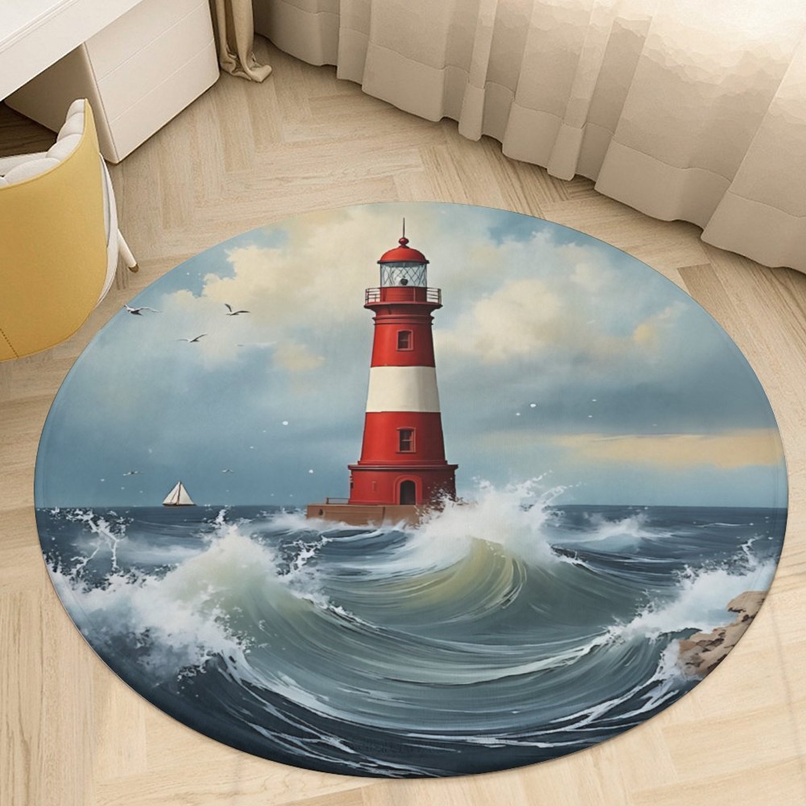 Serene Beach Lighthouse A Bright Blue Sky with Clouds Round Area Rugs ...