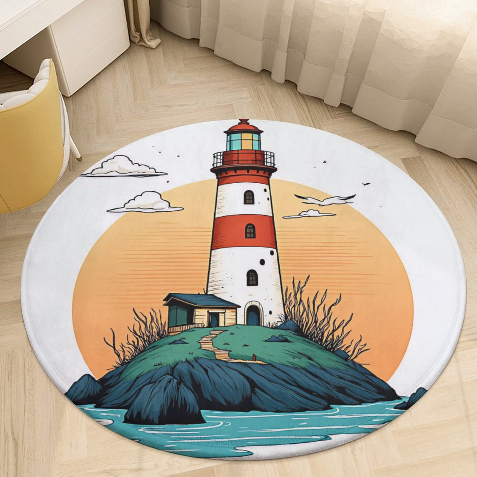 Serene Beach Lighthouse A Bright Blue Sky with Clouds Round Area Rugs ...