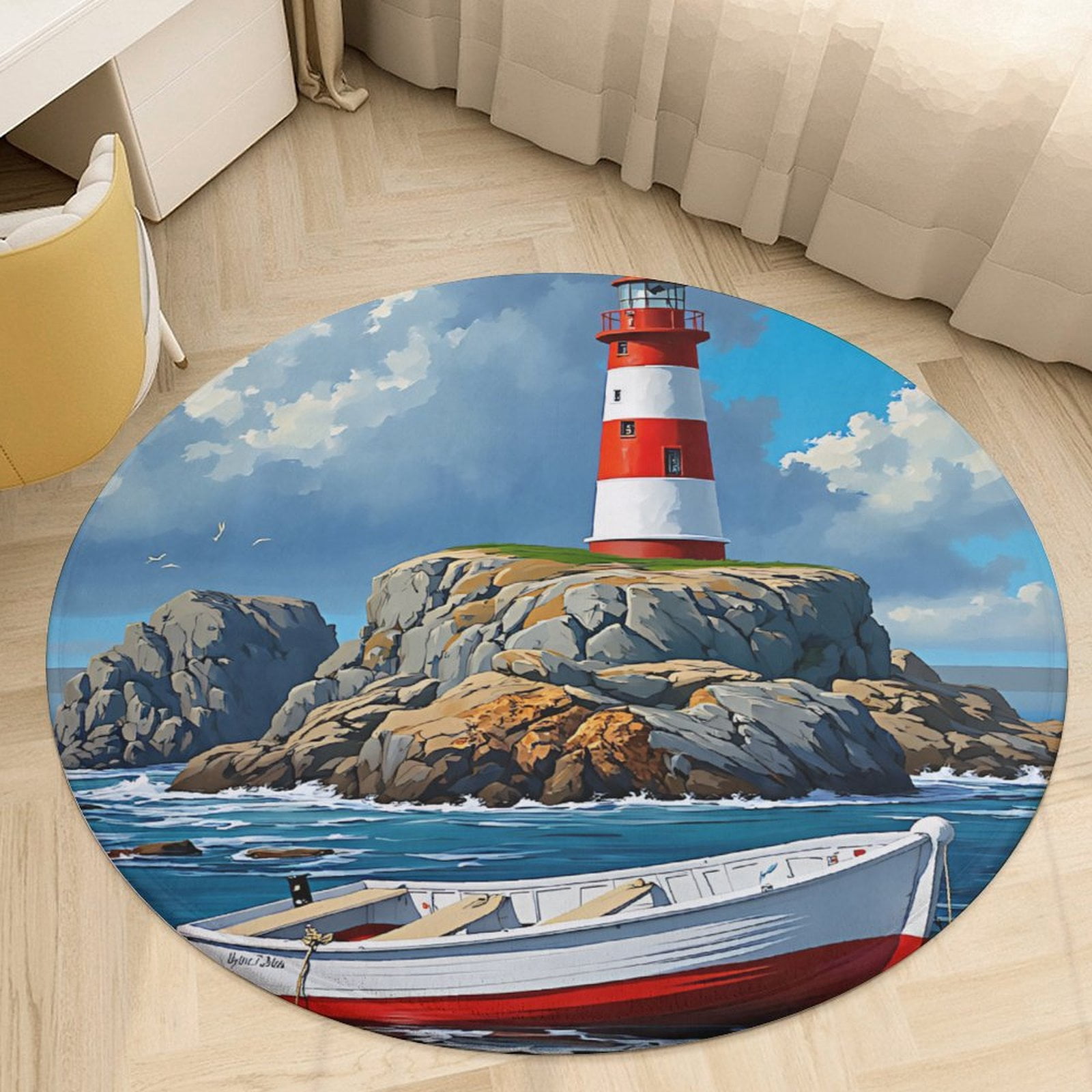 Serene Beach Lighthouse A Bright Blue Sky with Clouds Round Area Rugs ...