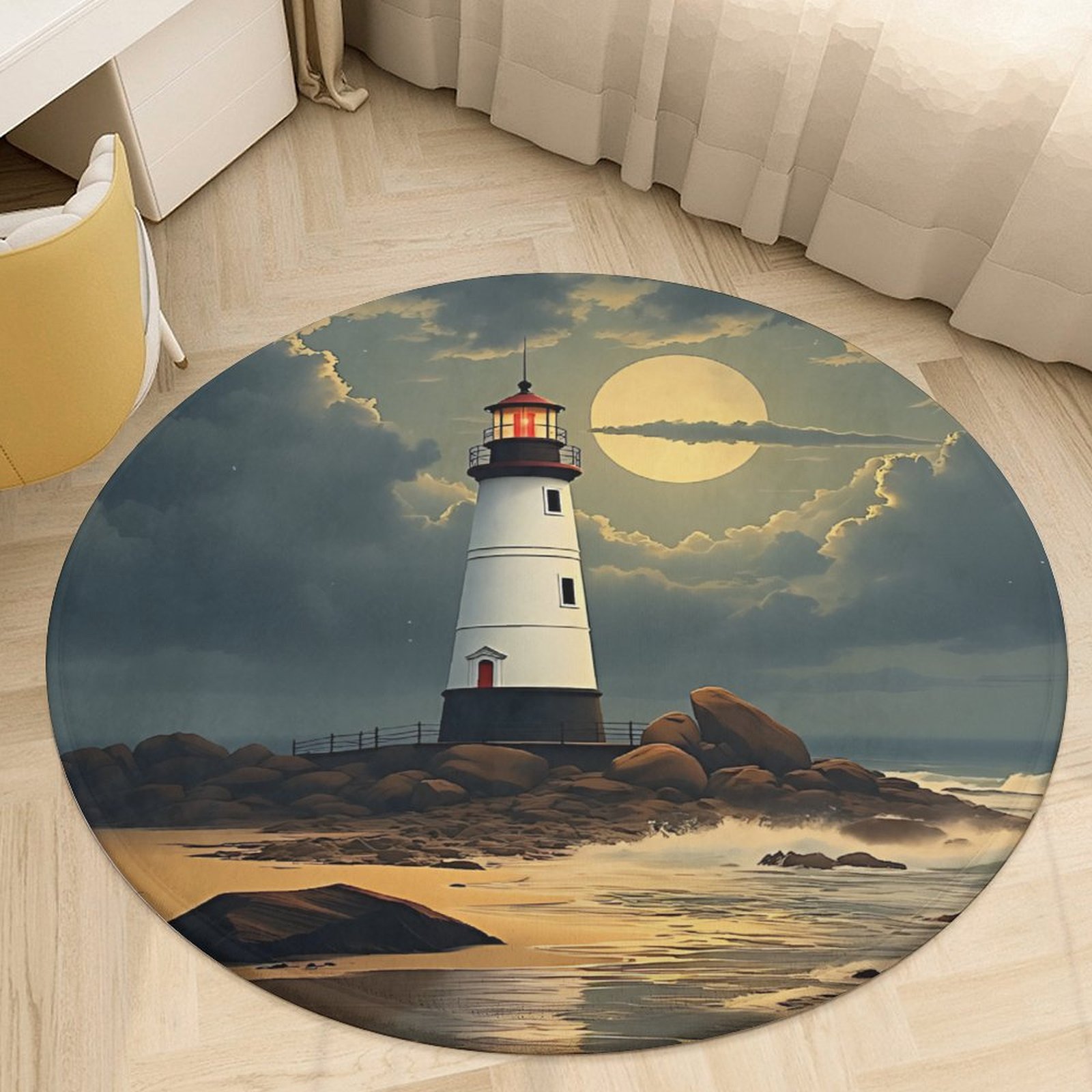 Serene Beach Lighthouse A Bright Blue Sky with Clouds Round Area Rugs ...