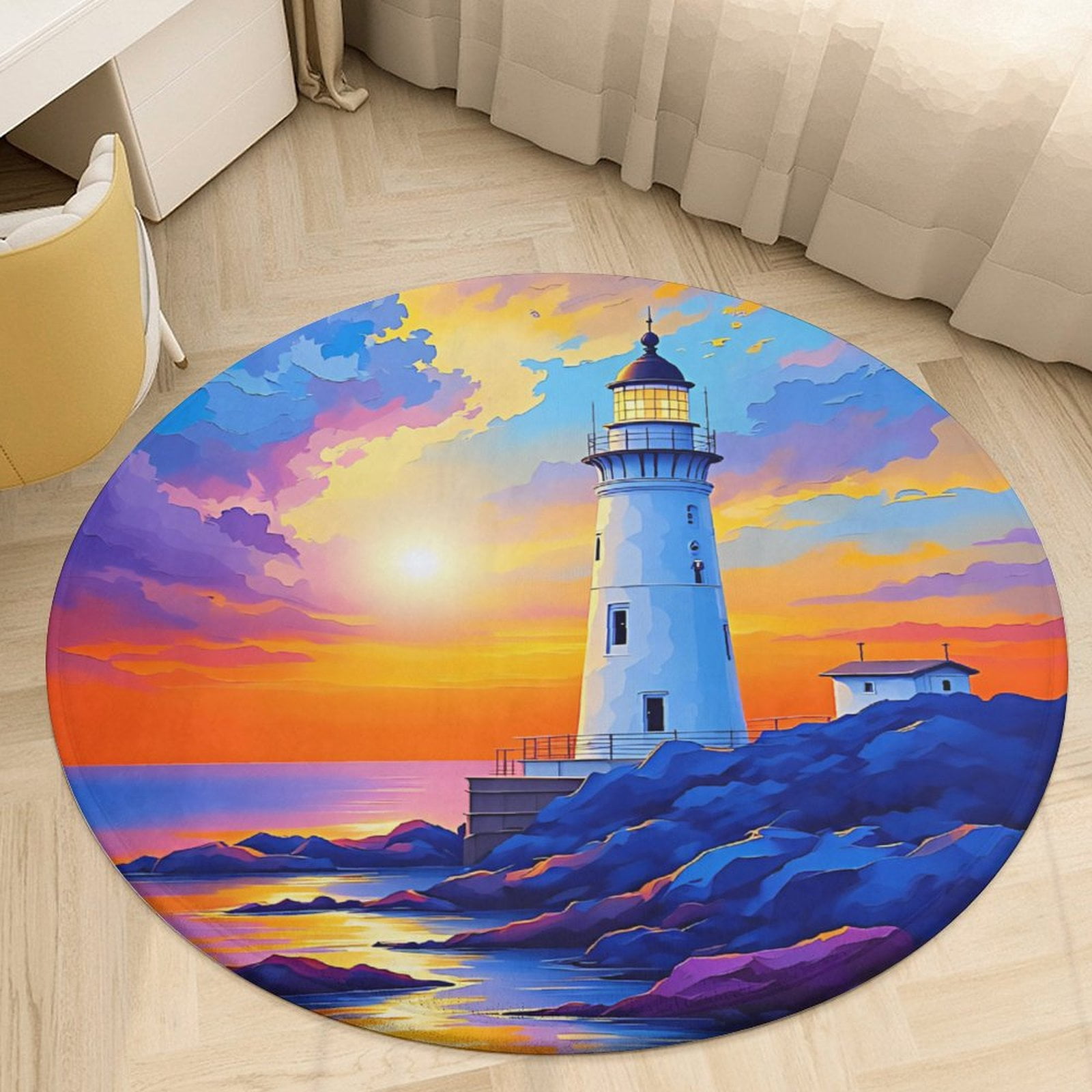 Serene Beach Lighthouse A Bright Blue Sky with Clouds Round Area Rugs ...