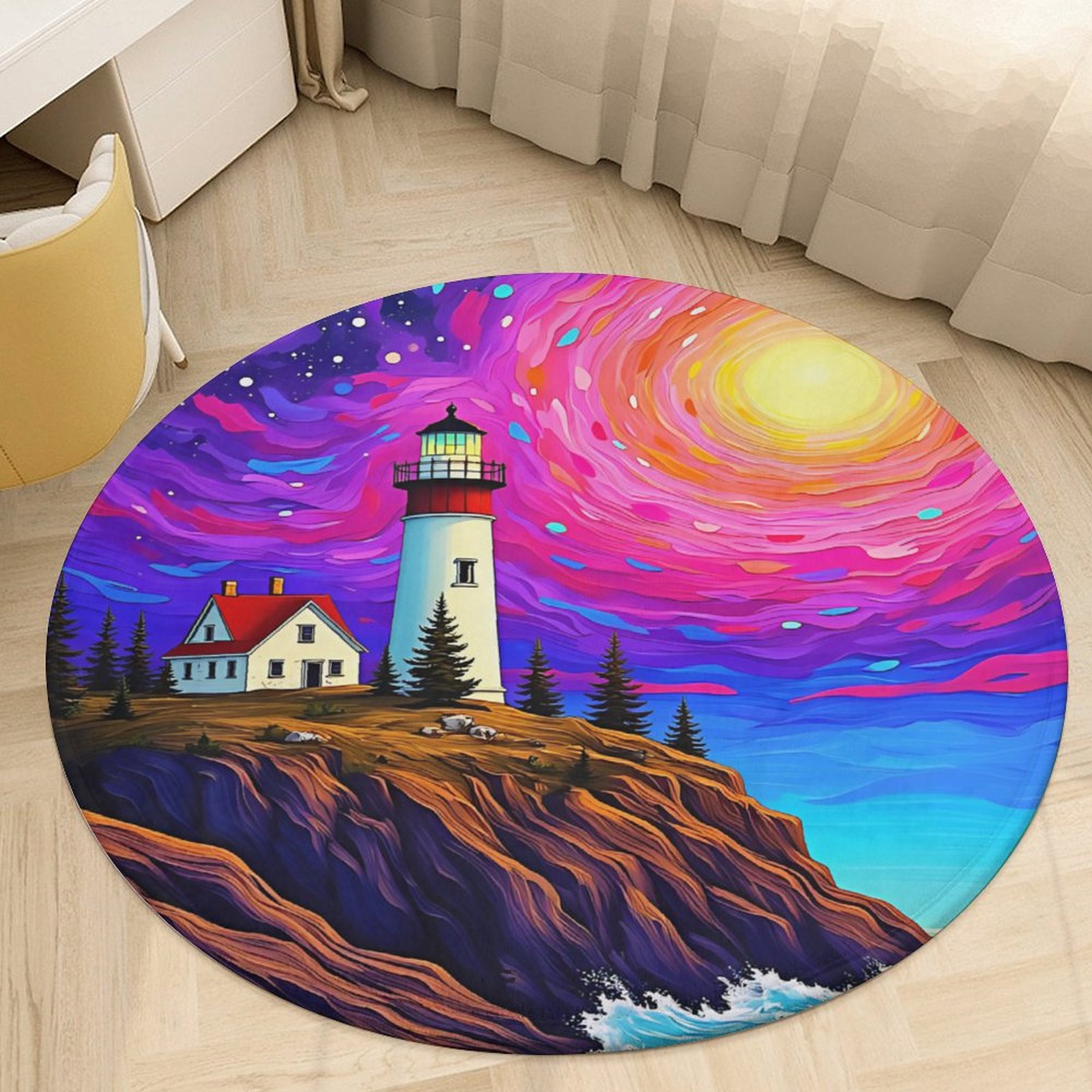 Serene Beach Lighthouse A Bright Blue Sky with Clouds Round Area Rugs ...