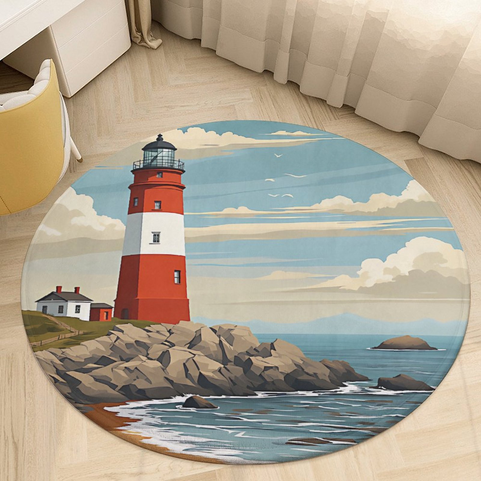 Serene Beach Lighthouse A Bright Blue Sky with Clouds Round Area Rugs ...