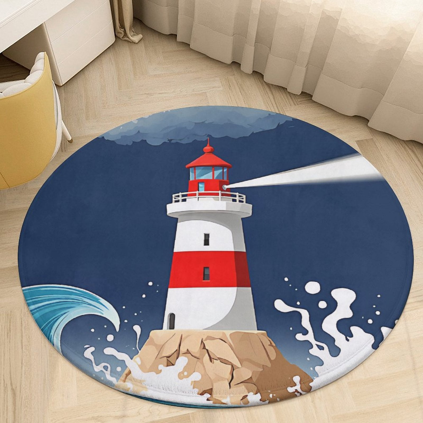 Serene Beach Lighthouse A Bright Blue Sky with Clouds Round Area Rugs ...