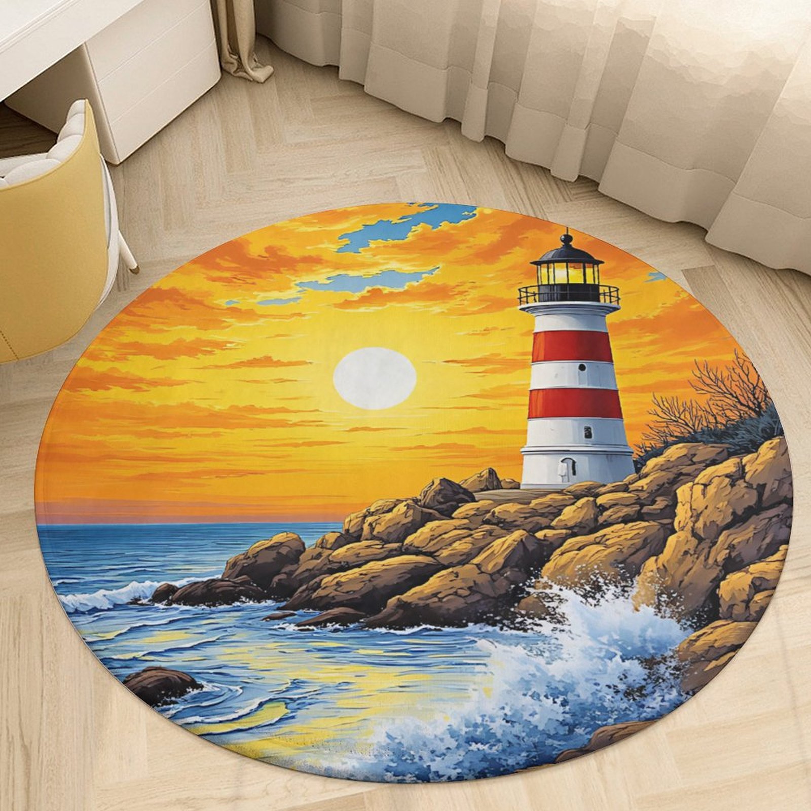 Serene Beach Lighthouse A Bright Blue Sky with Clouds Round Area Rugs ...