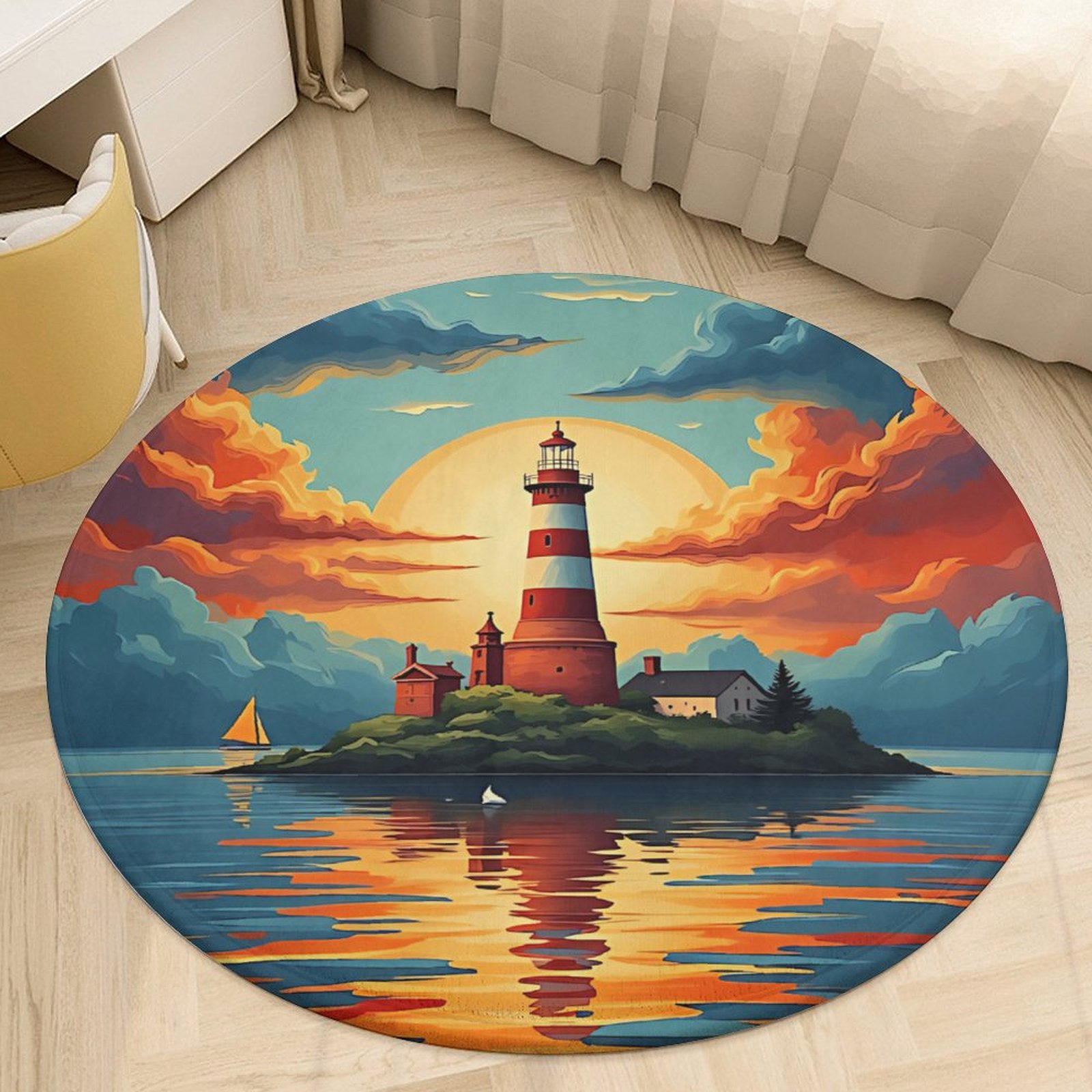 Serene Beach Lighthouse A Bright Blue Sky with Clouds Round Area Rugs ...