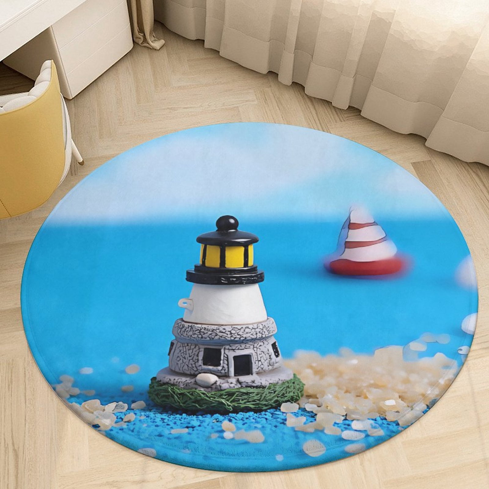 Serene Beach Lighthouse A Bright Blue Sky with Clouds Round Area Rugs ...