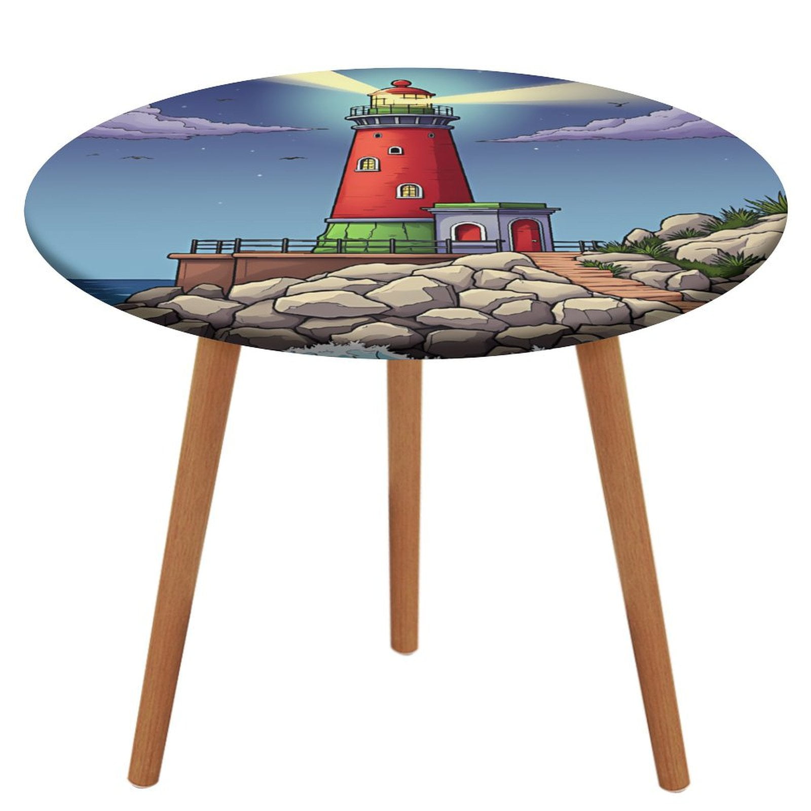 Serene Beach Lighthouse A Bright Blue Sky with Clouds Round Fitted ...