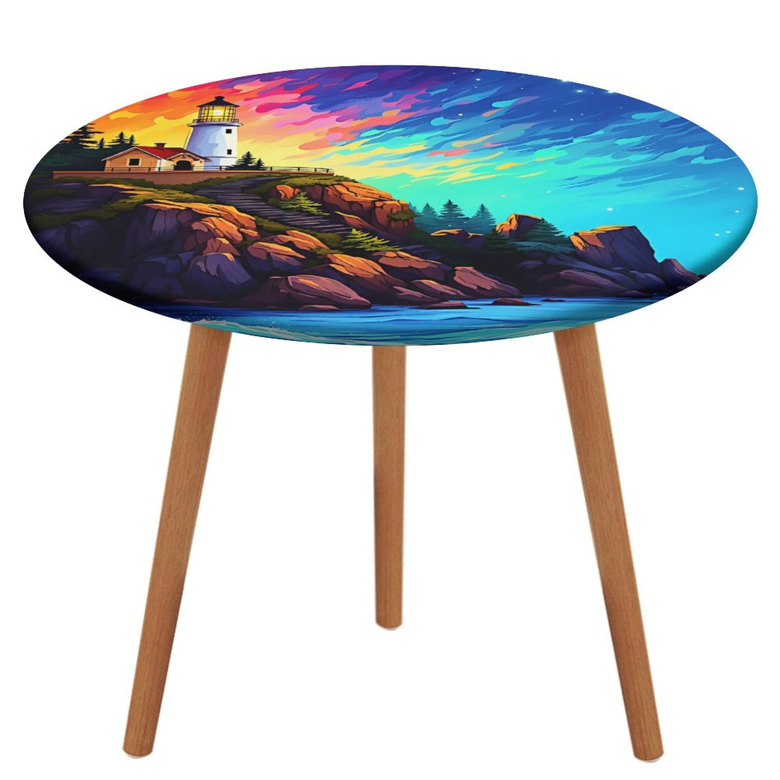 Serene Beach Lighthouse A Bright Blue Sky with Clouds Round Fitted ...