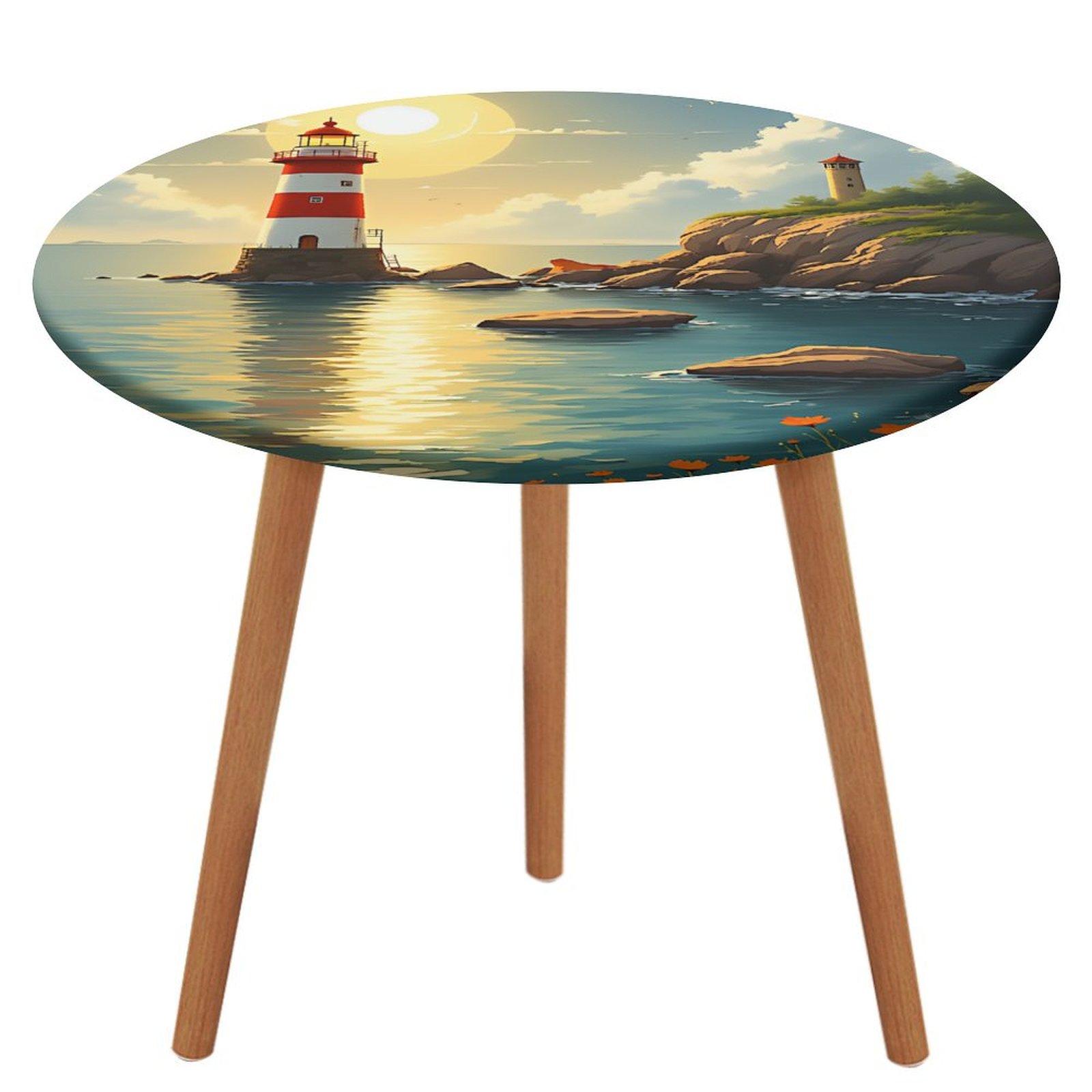 Serene Beach Lighthouse A Bright Blue Sky with Clouds Tablecloth Round ...