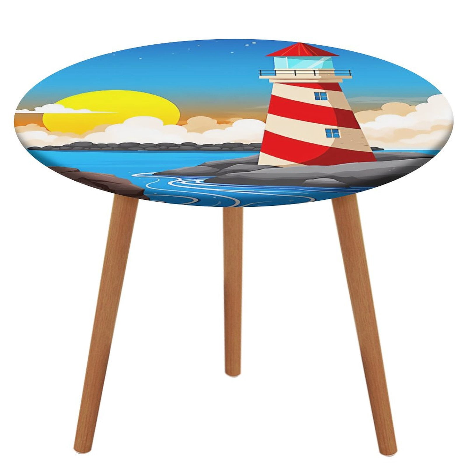 Serene Beach Lighthouse A Bright Blue Sky with Clouds Tablecloth Round ...