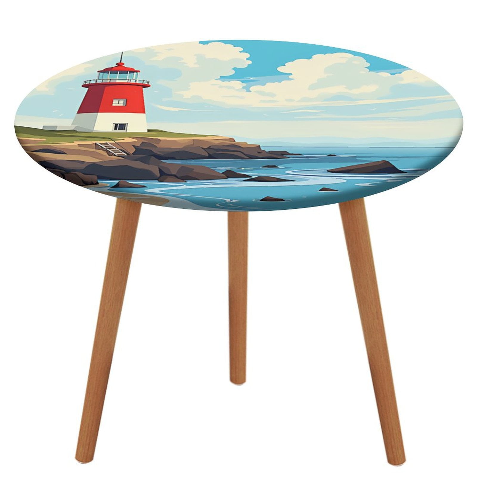 Serene Beach Lighthouse A Bright Blue Sky with Clouds Tablecloth Round ...