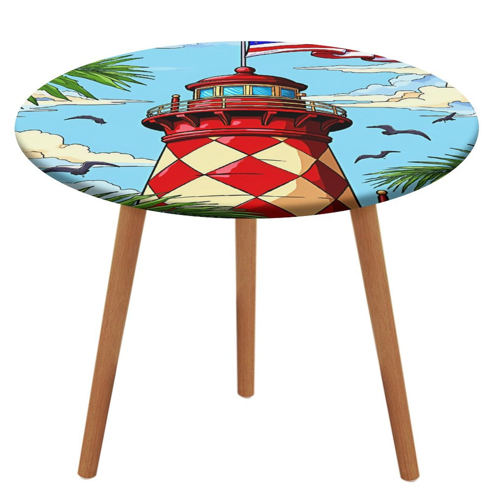 Serene Beach Lighthouse A Bright Blue Sky with Clouds Tablecloth Round ...