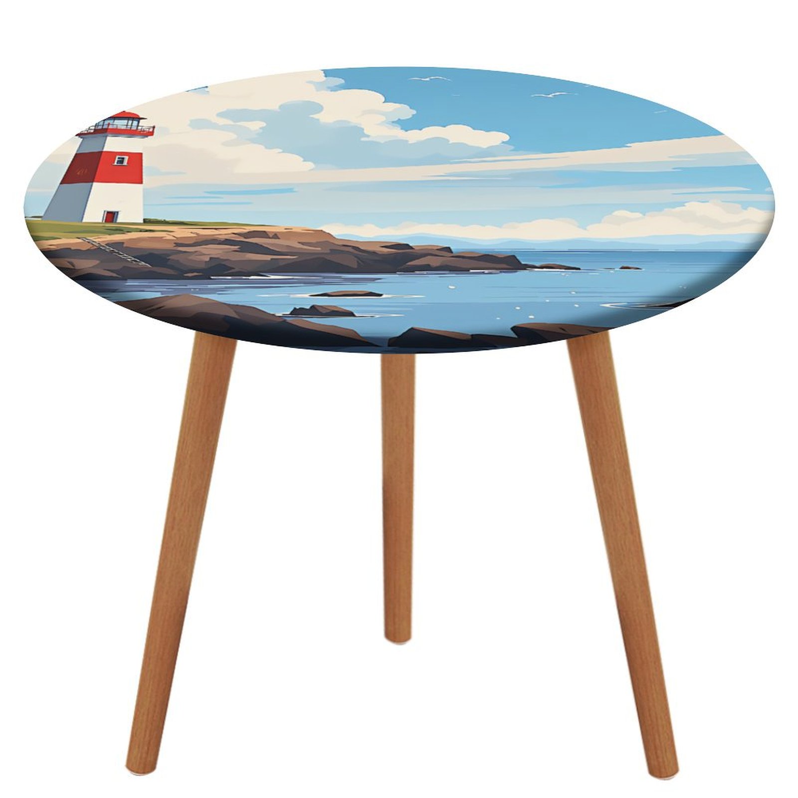Serene Beach Lighthouse A Bright Blue Sky with Clouds Tablecloth Round ...