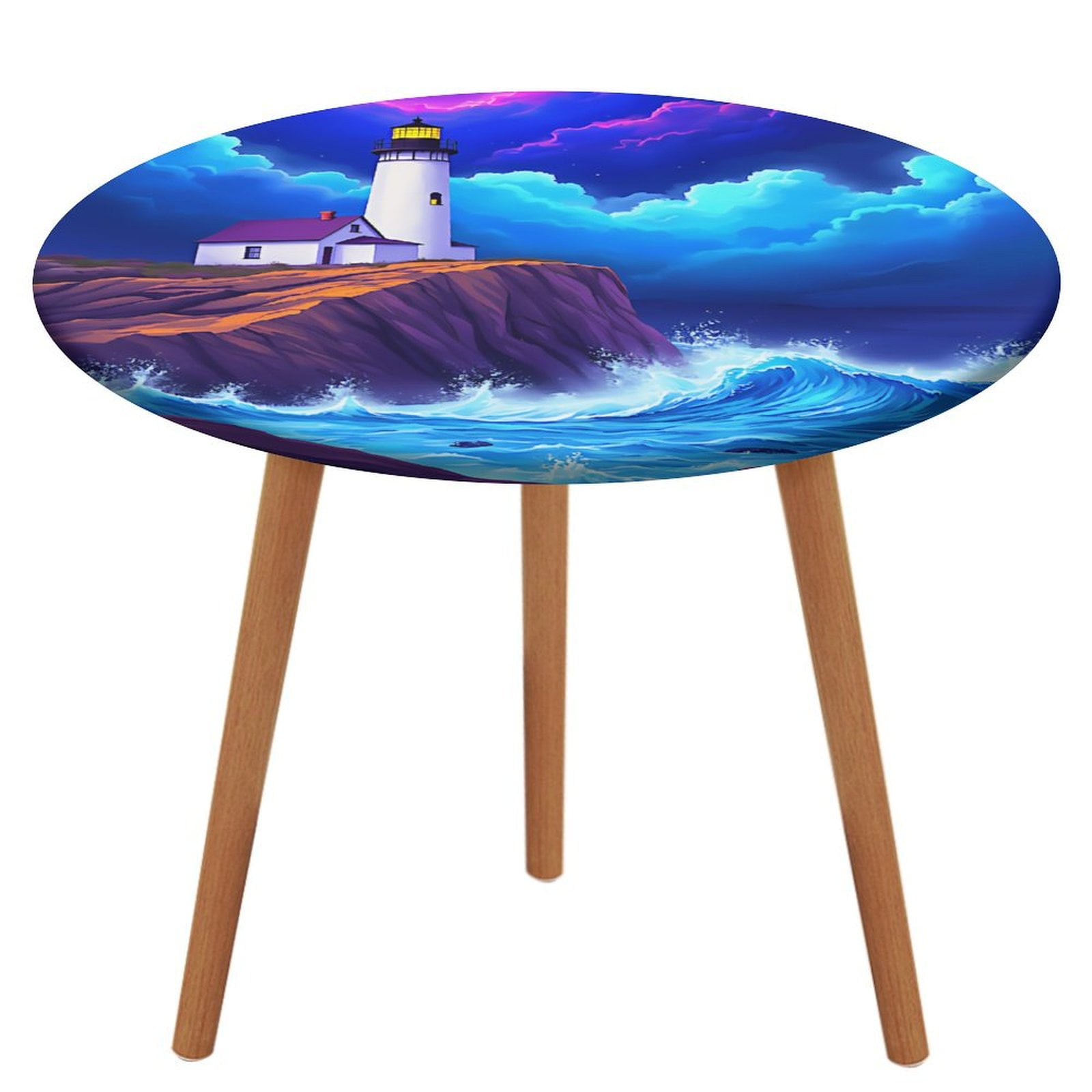 Serene Beach Lighthouse A Bright Blue Sky with Clouds Tablecloth Round ...