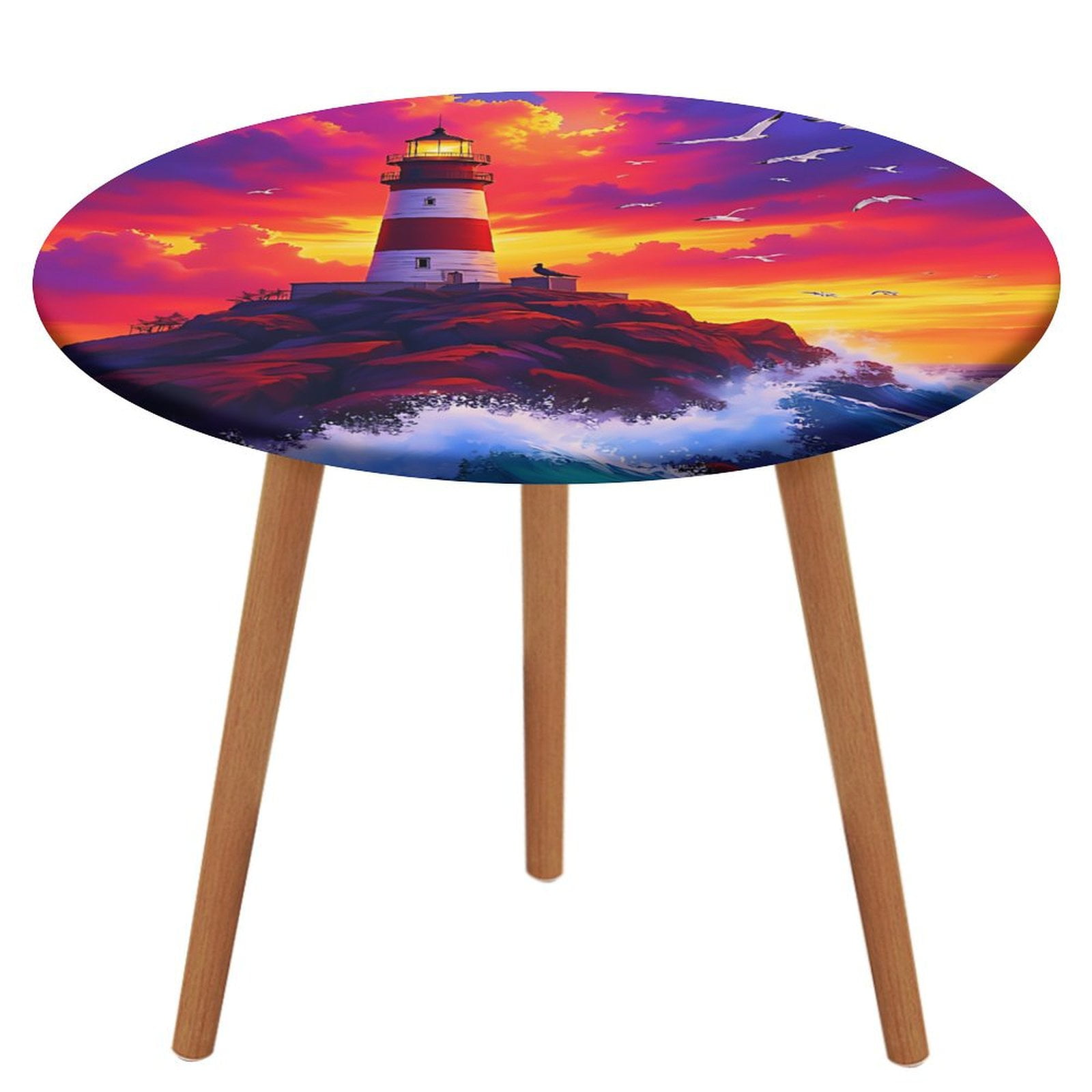 Serene Beach Lighthouse A Bright Blue Sky with Clouds Tablecloth Round ...