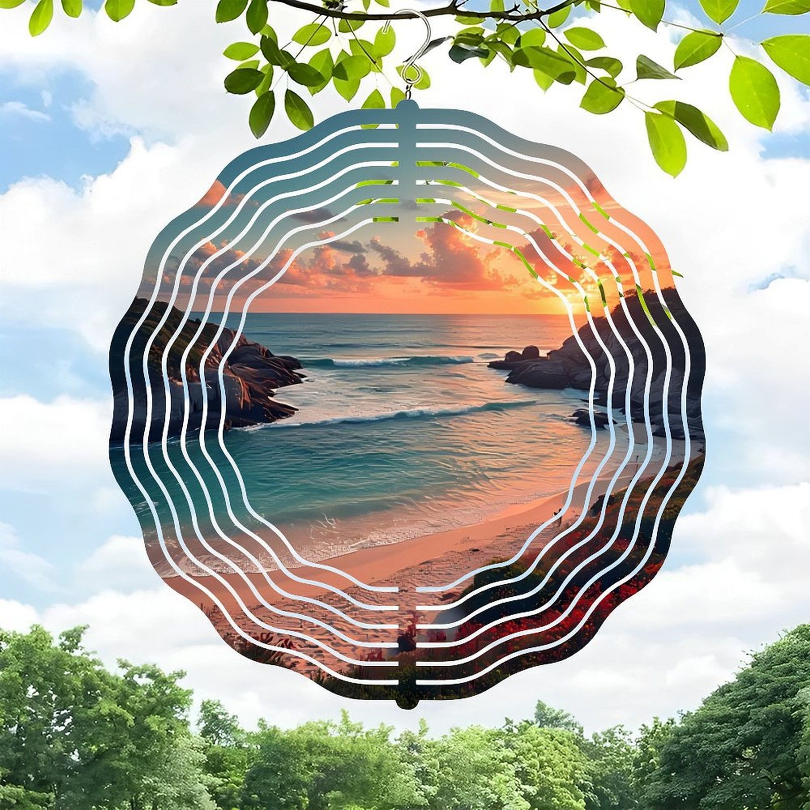 Serene Beach Scene Metal Hanging Wind Spinner - Concentric Waves Design ...