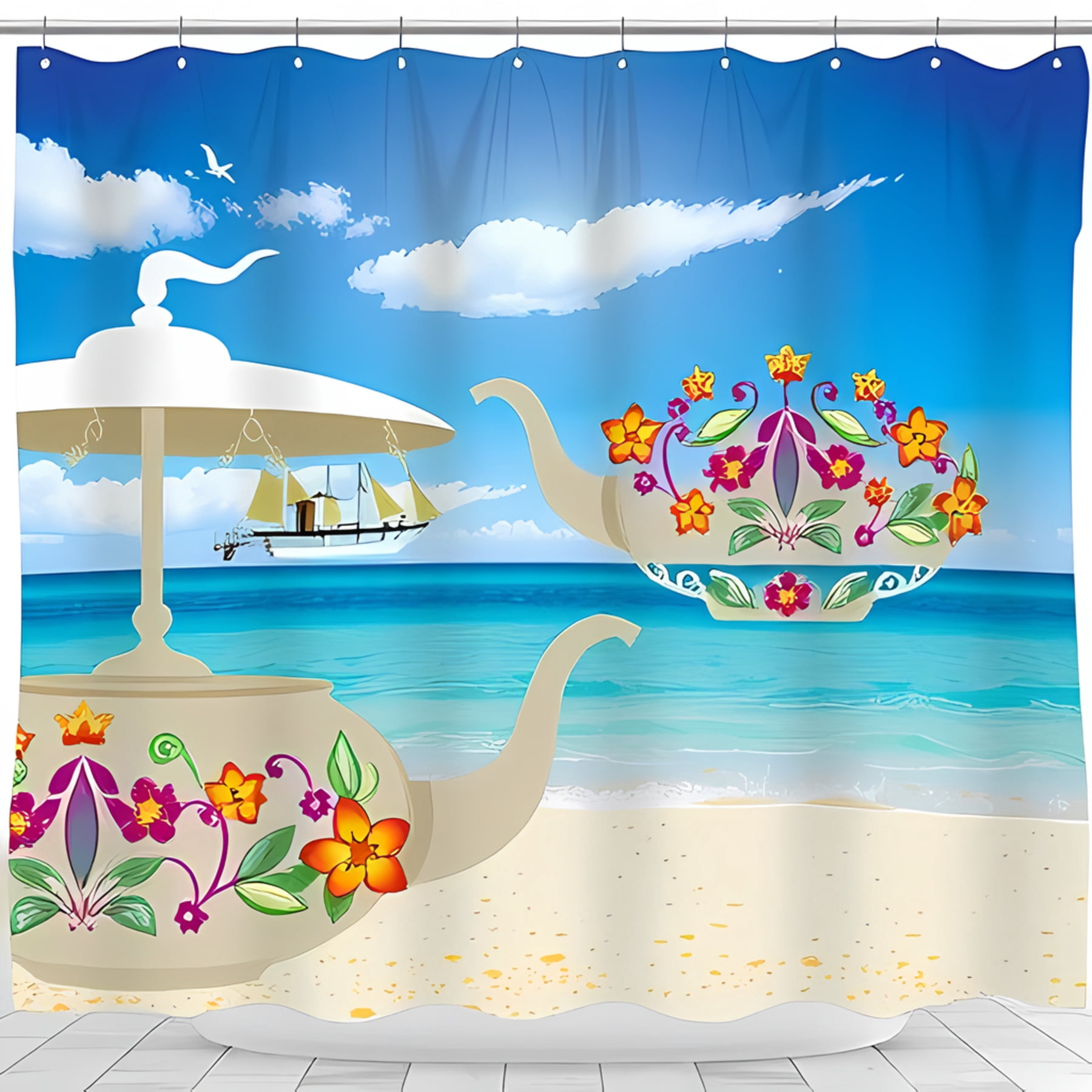Serene Beach Scene Shower Curtain - Vintage Sailboat & Floral Teapots ...