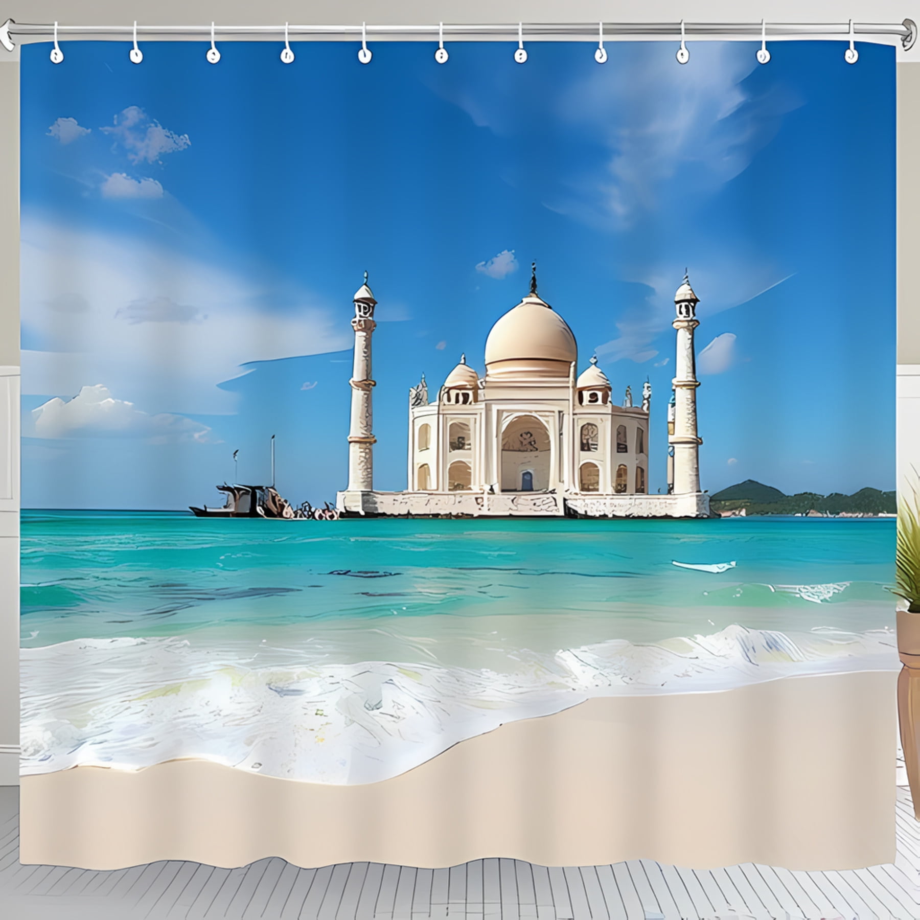 Serene Beach Scene Shower Curtain with Taj Mahal Tranquil Ocean View ...