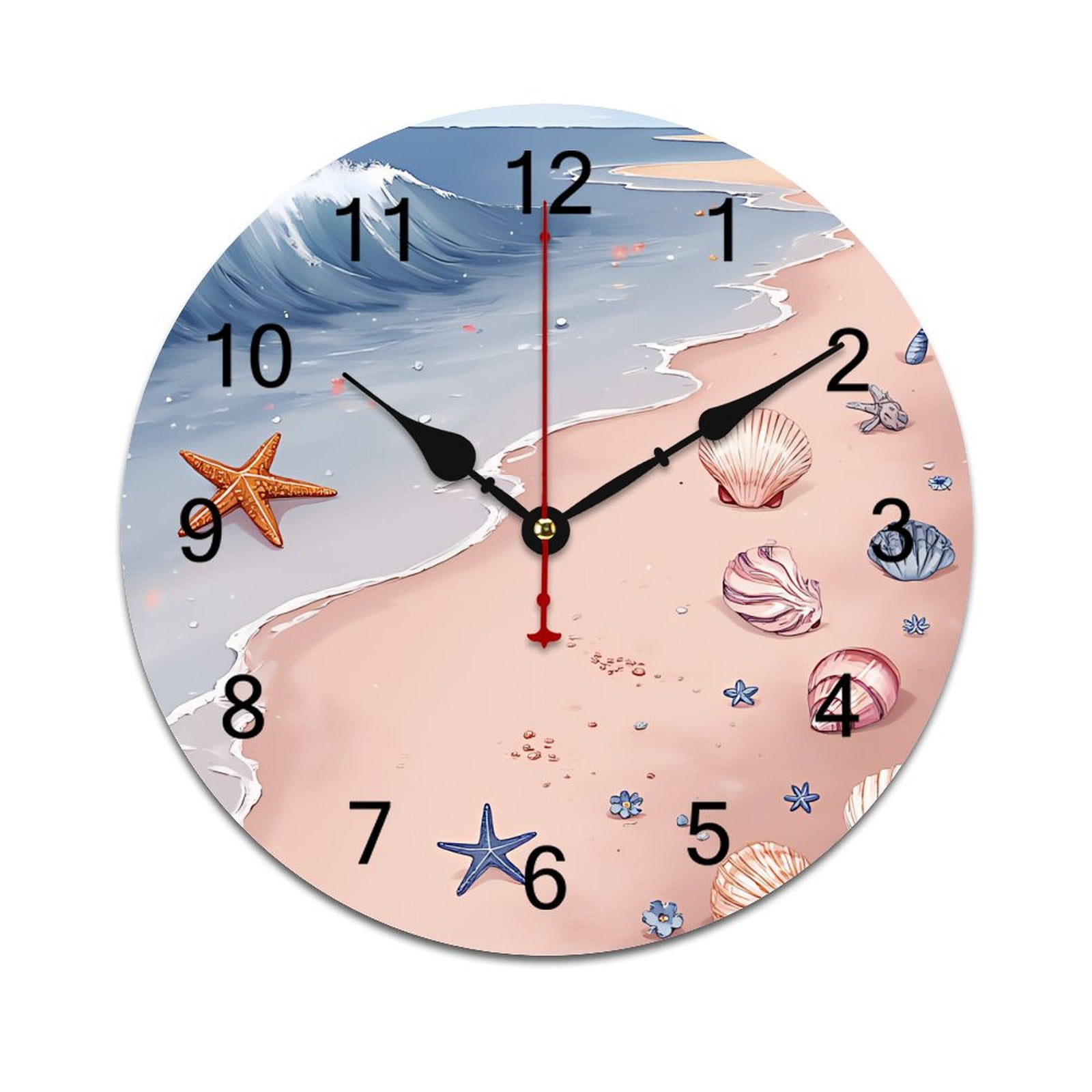 Serene Beach Scene with Seashells Printed Silent Wall Clock Round ...