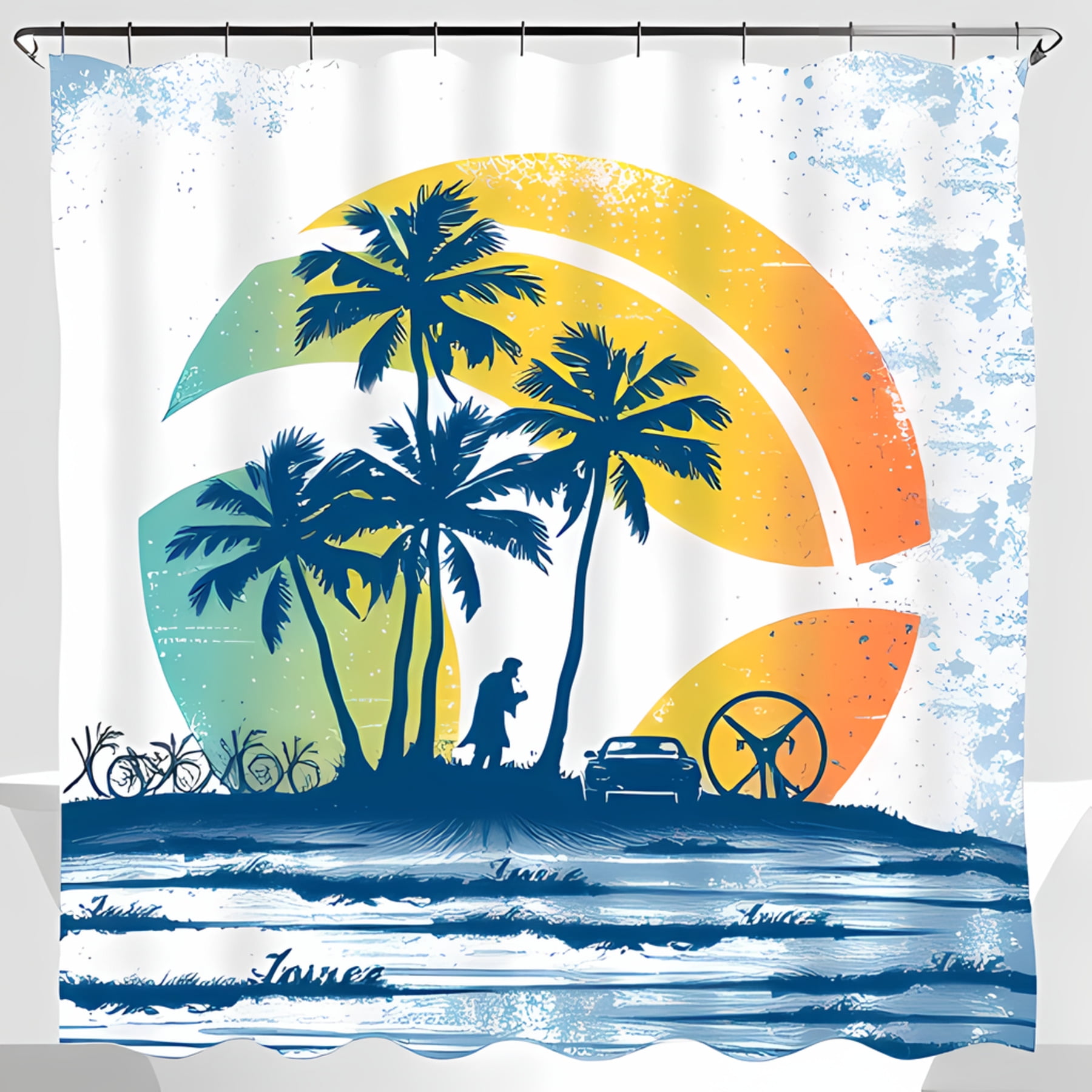 Serene Beach Sunset Shower Curtain - Silhouetted Trees Tranquil Ocean ...