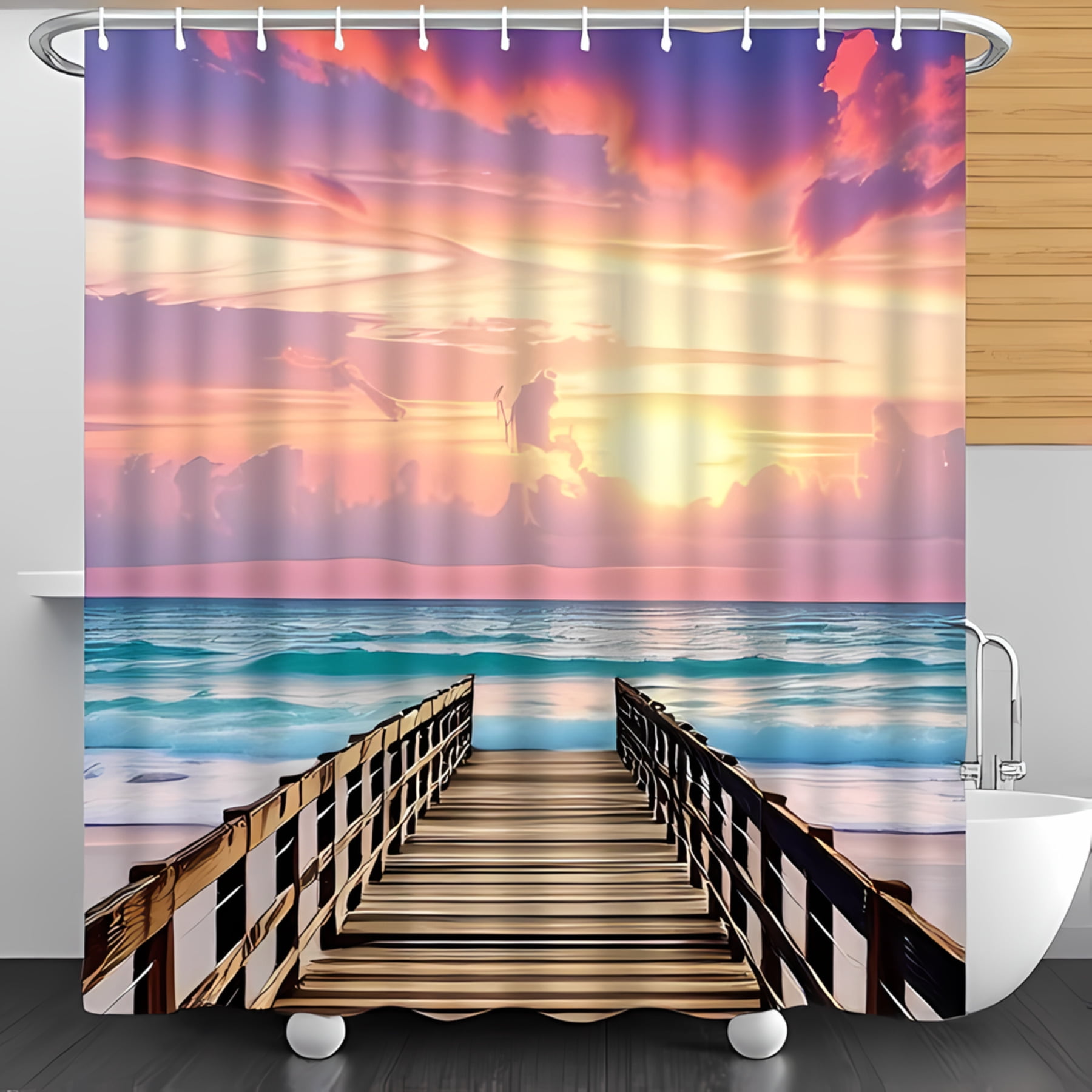 Serene Beach Sunset Shower Curtain - Waves Wooden Pastel Sky Colors for ...