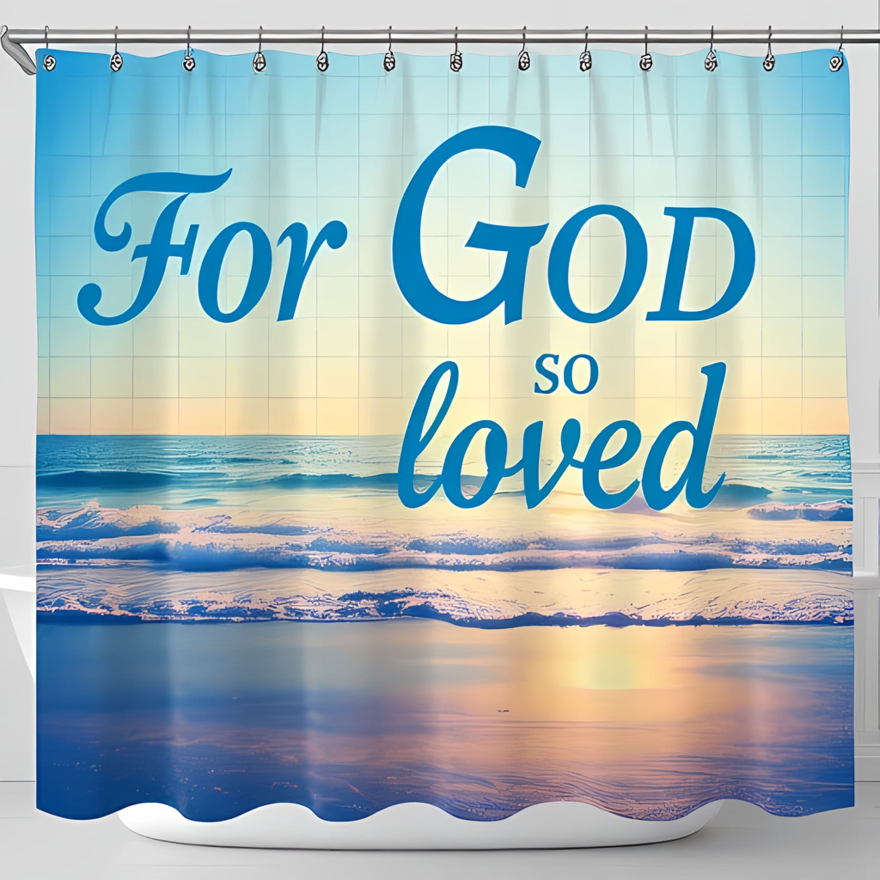 Serene Beach Sunset Shower Curtain with Inspirational " For God So ...
