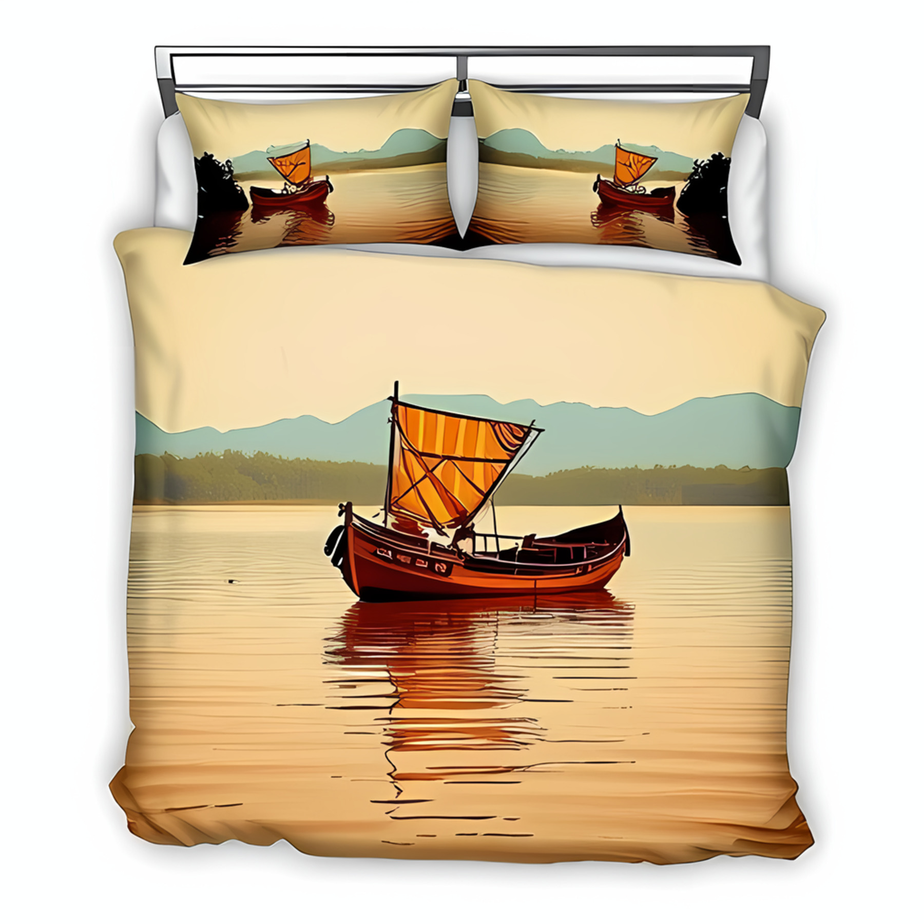 Serene Beige Duvet Cover Set with Lake Sunrise & Orange-Sailed Boat ...