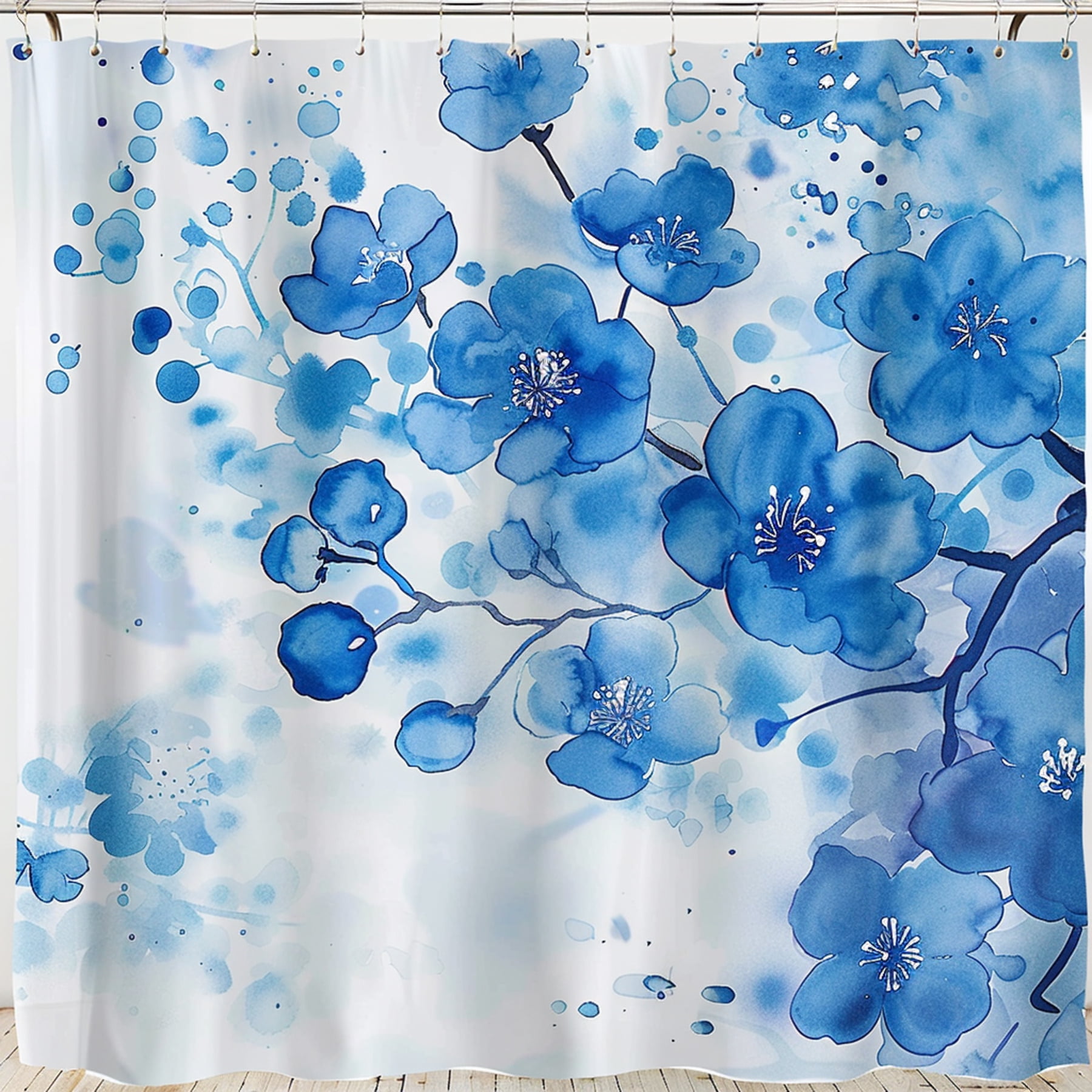 Serene Blue Cherry Blossom Watercolor Floral Shower Curtain Transform