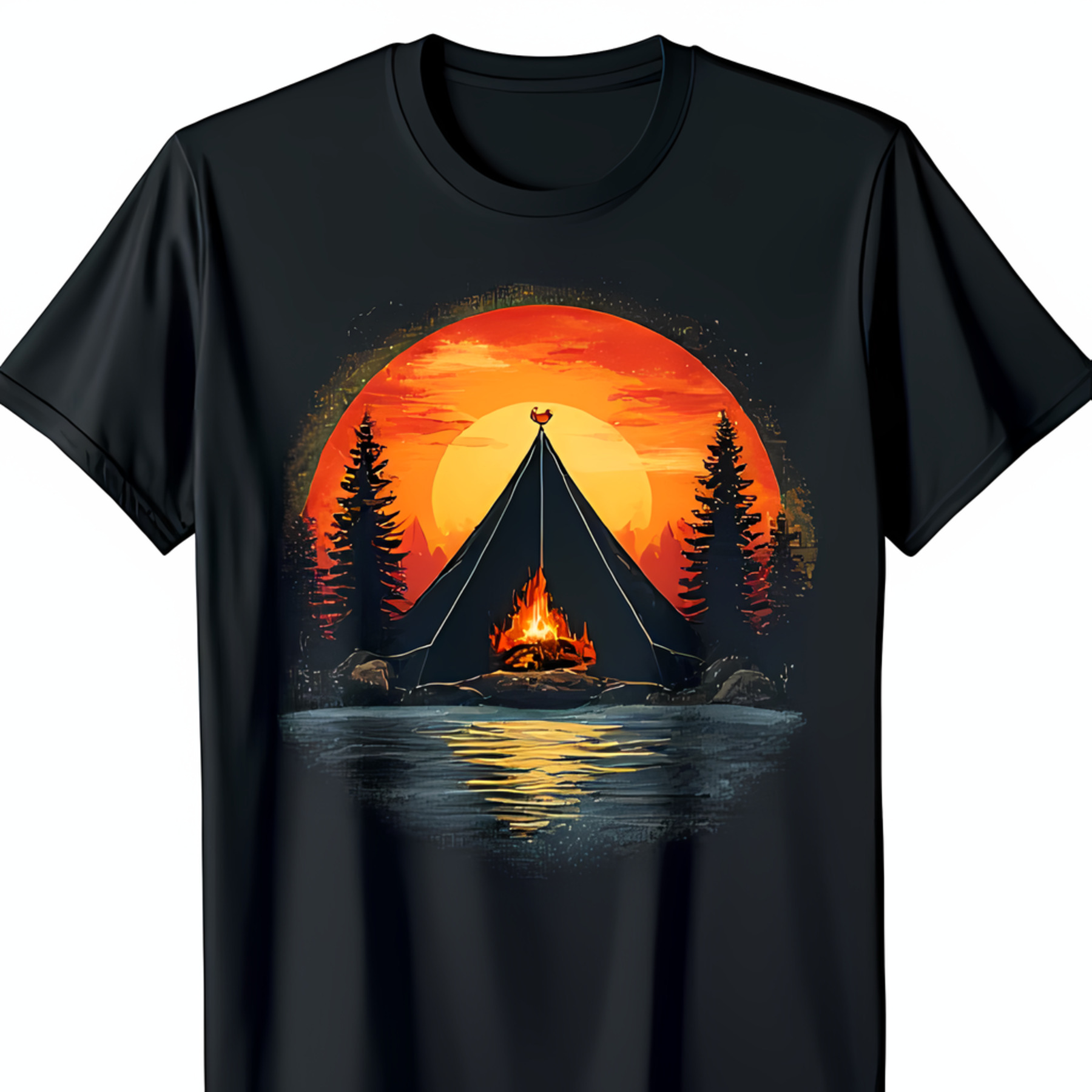 Serene Campsite Black T-Shirt with Tent Fire and Sunset Design for ...