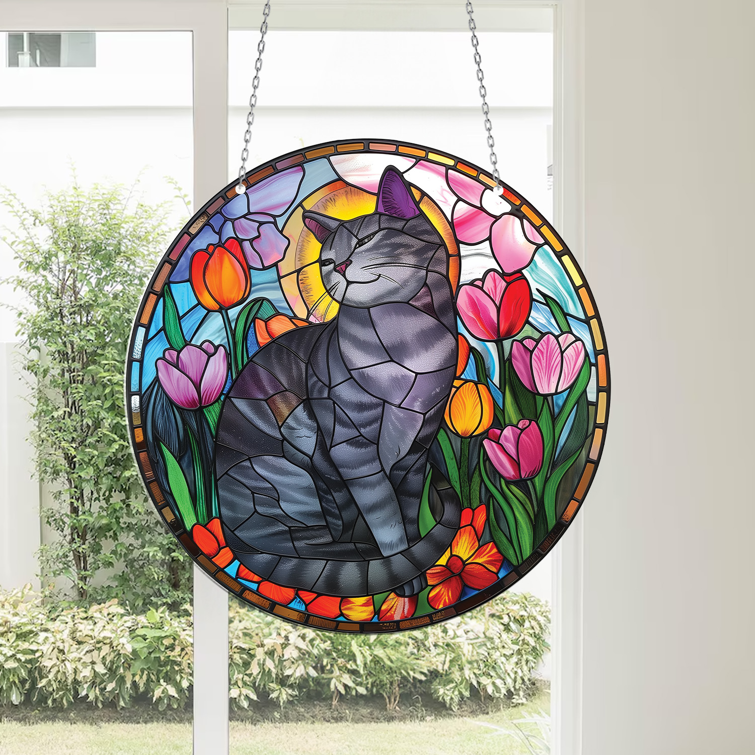 Serene Cat Tulip Garden Acrylic Window Hanging: Stained Glass Art ...