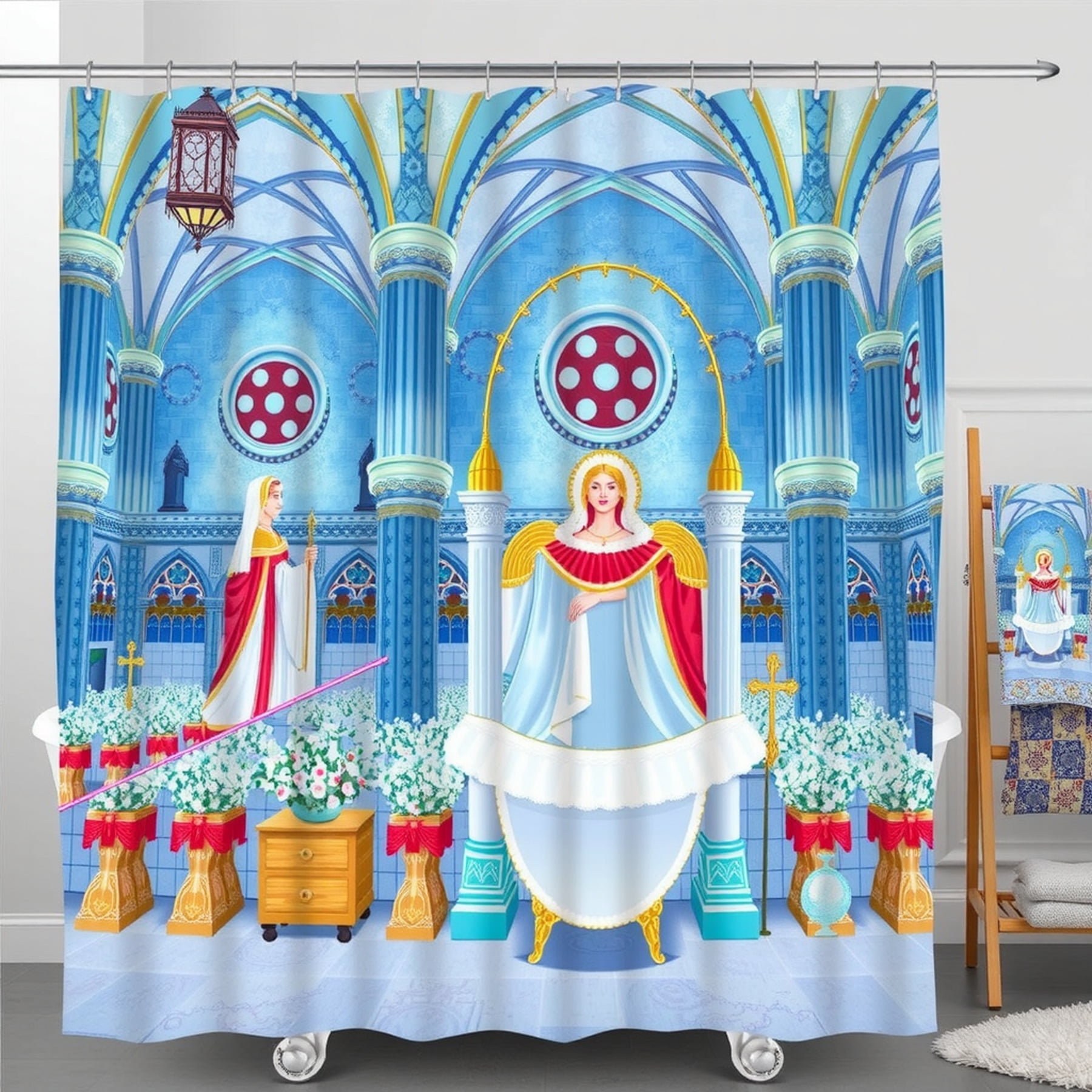 Serene Cathedral Shower Curtain with Flowing Robes & Stained Glass ...