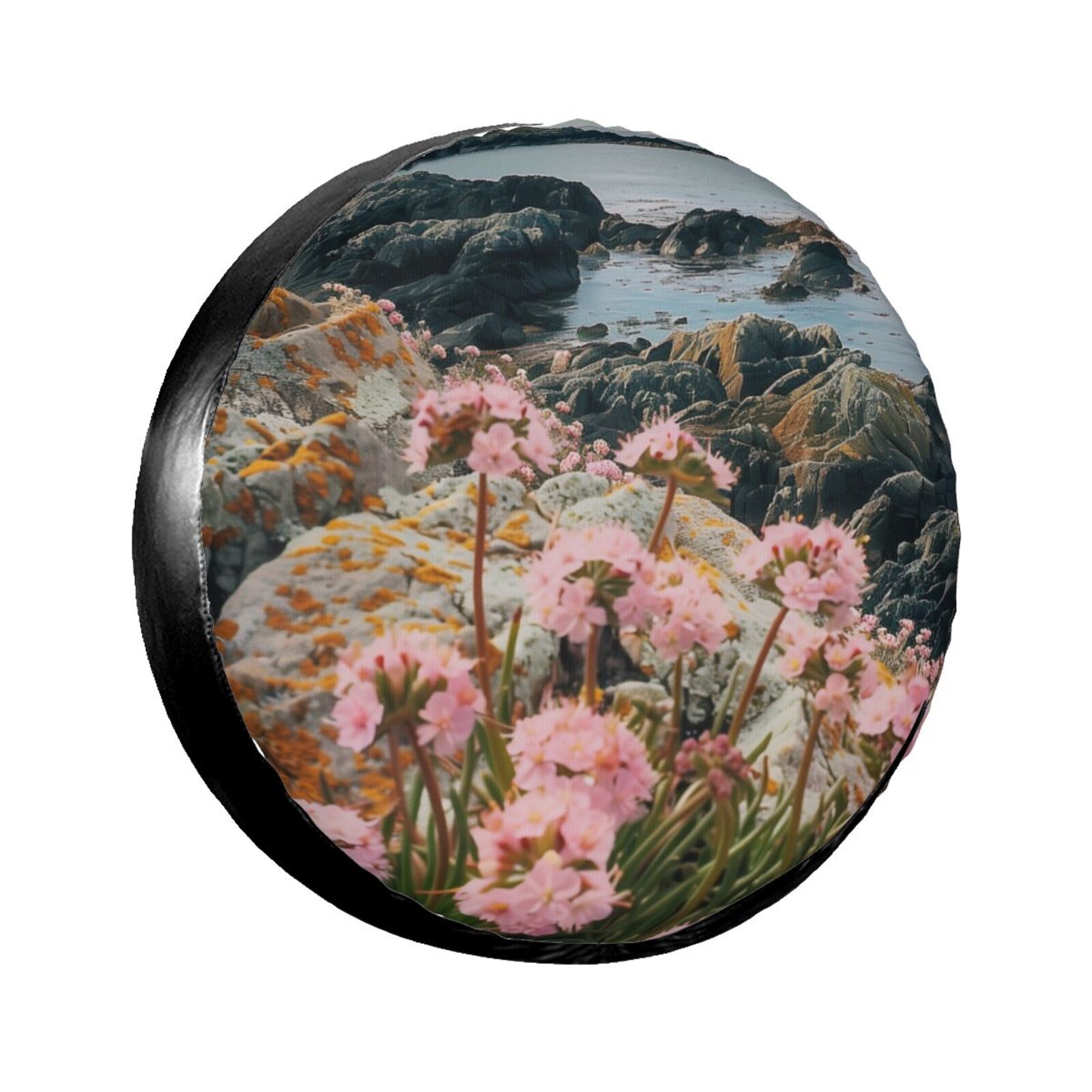 Serene Coastal Scene with Pink Flowers and Weatherproof tire protection ...