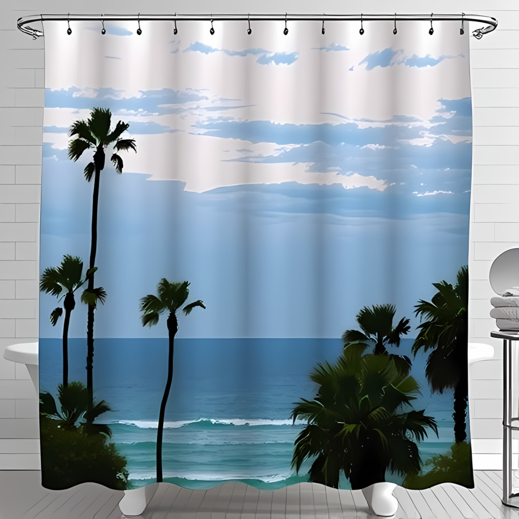 Serene Coastal Shower Curtain Tranquil Ocean Waves & Silhouetted Trees ...
