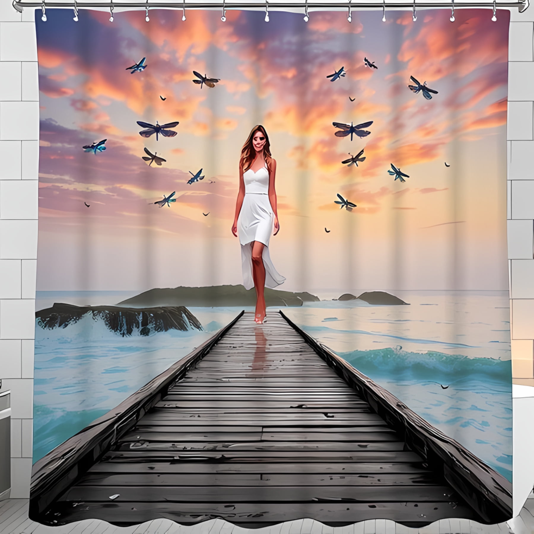 Serene Coastal Sunset Shower Curtain - Vibrant Ocean Waves Colorful ...