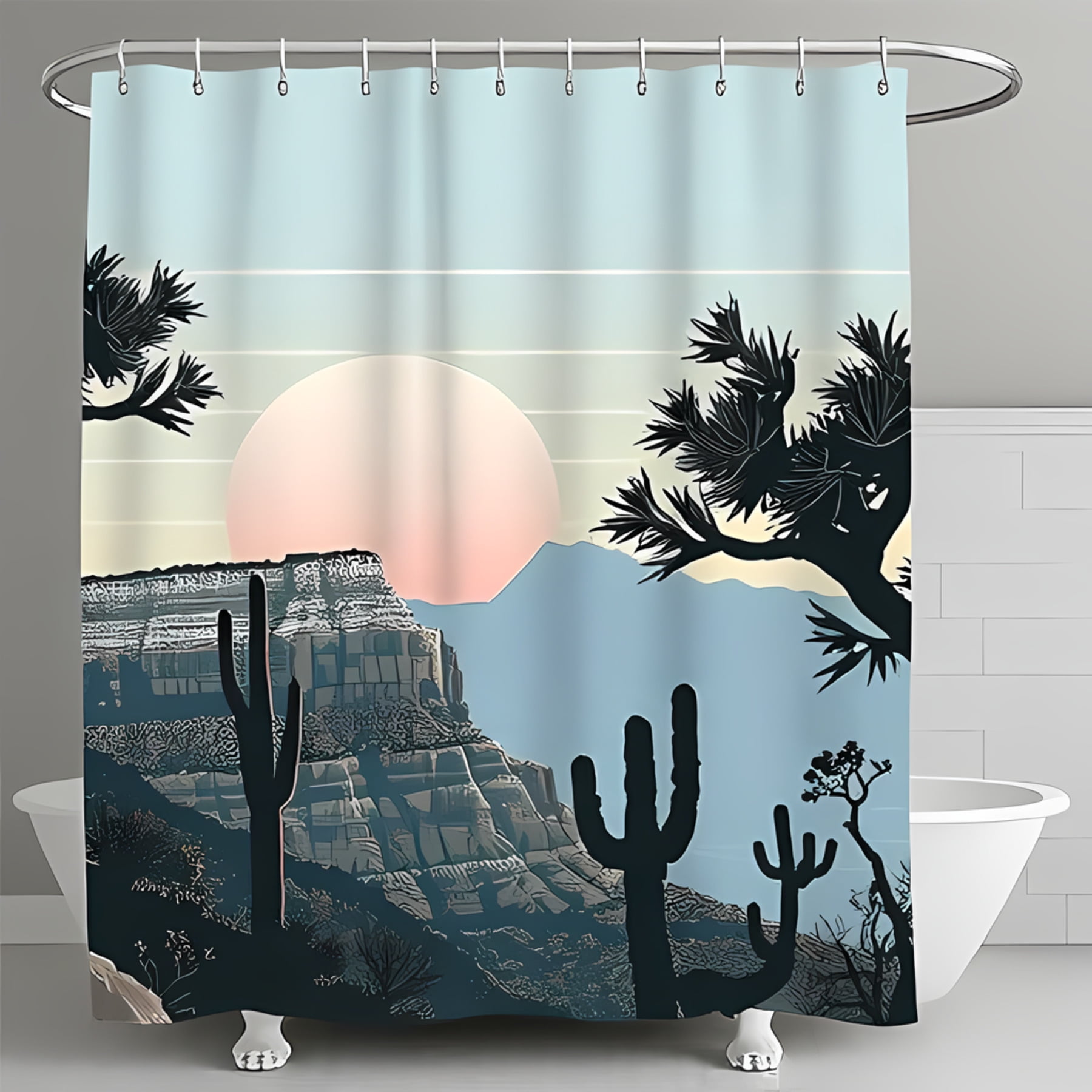 Serene Desert Sunset Shower Curtain - Minimalist Cacti Design with ...