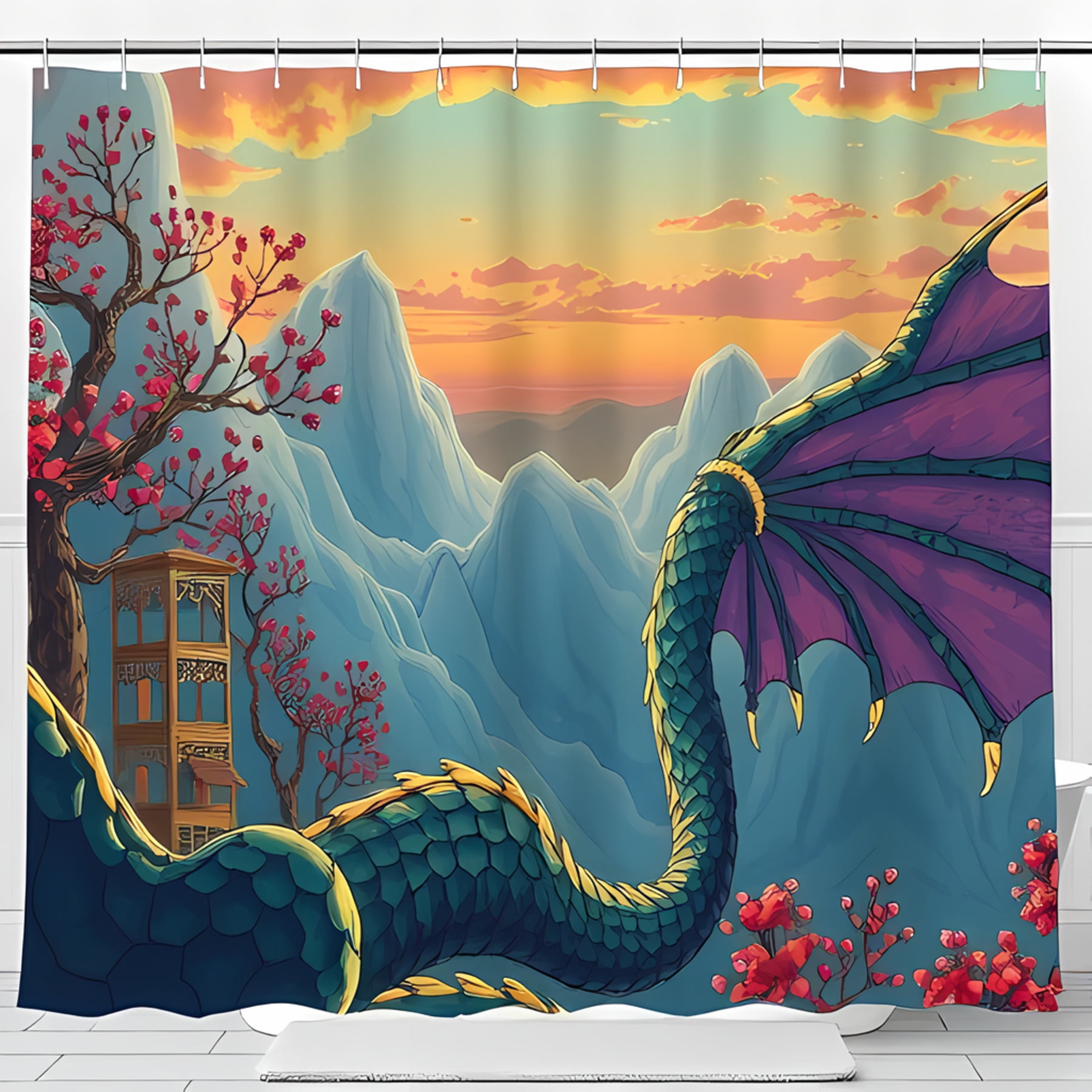 Serene Dragon and Cherry Blossom Shower Curtain - Vibrant Purple Scales ...