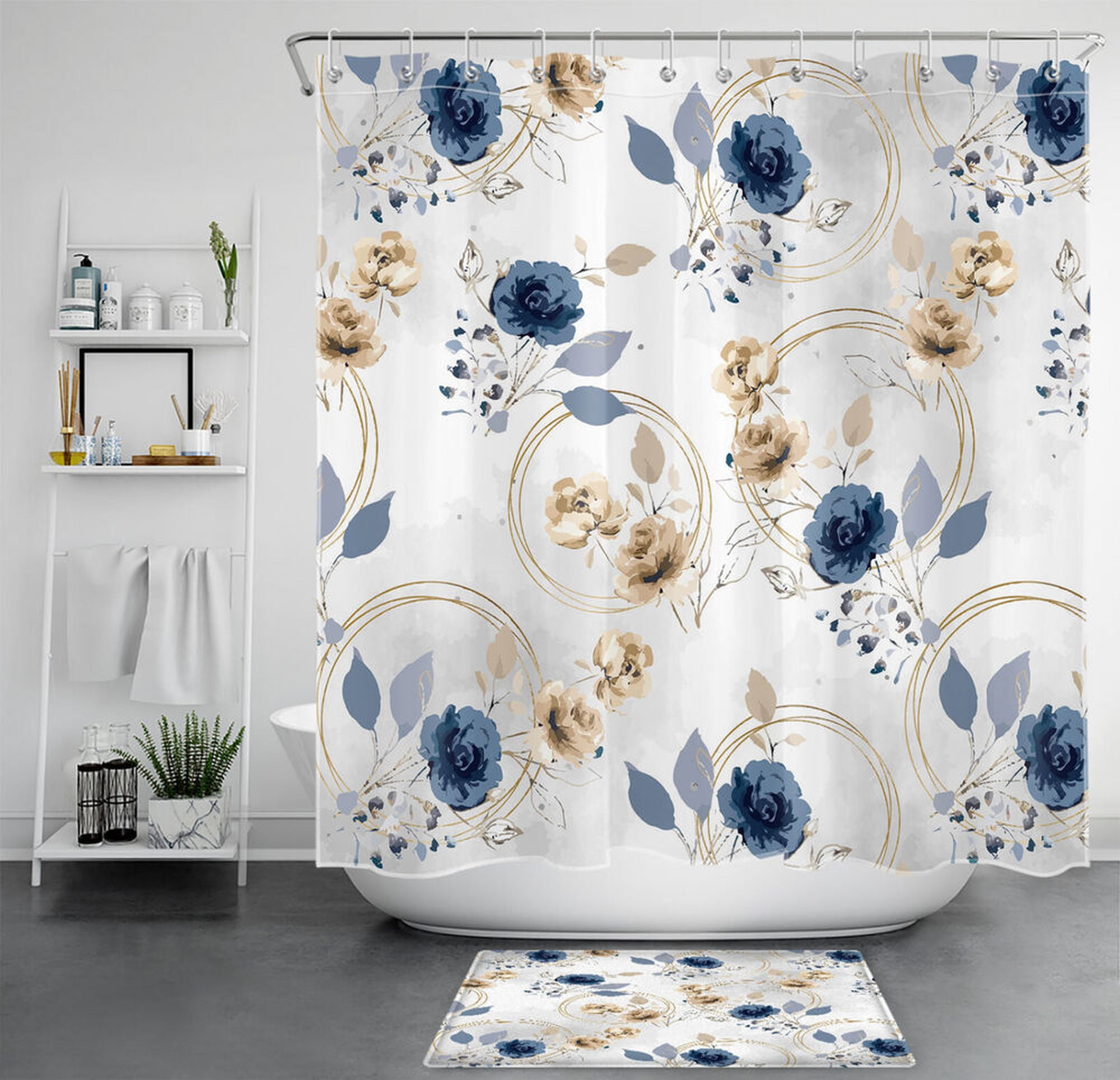 Serene Elegance Watercolor Botanical Leaf Blue Floral Shower Curtain