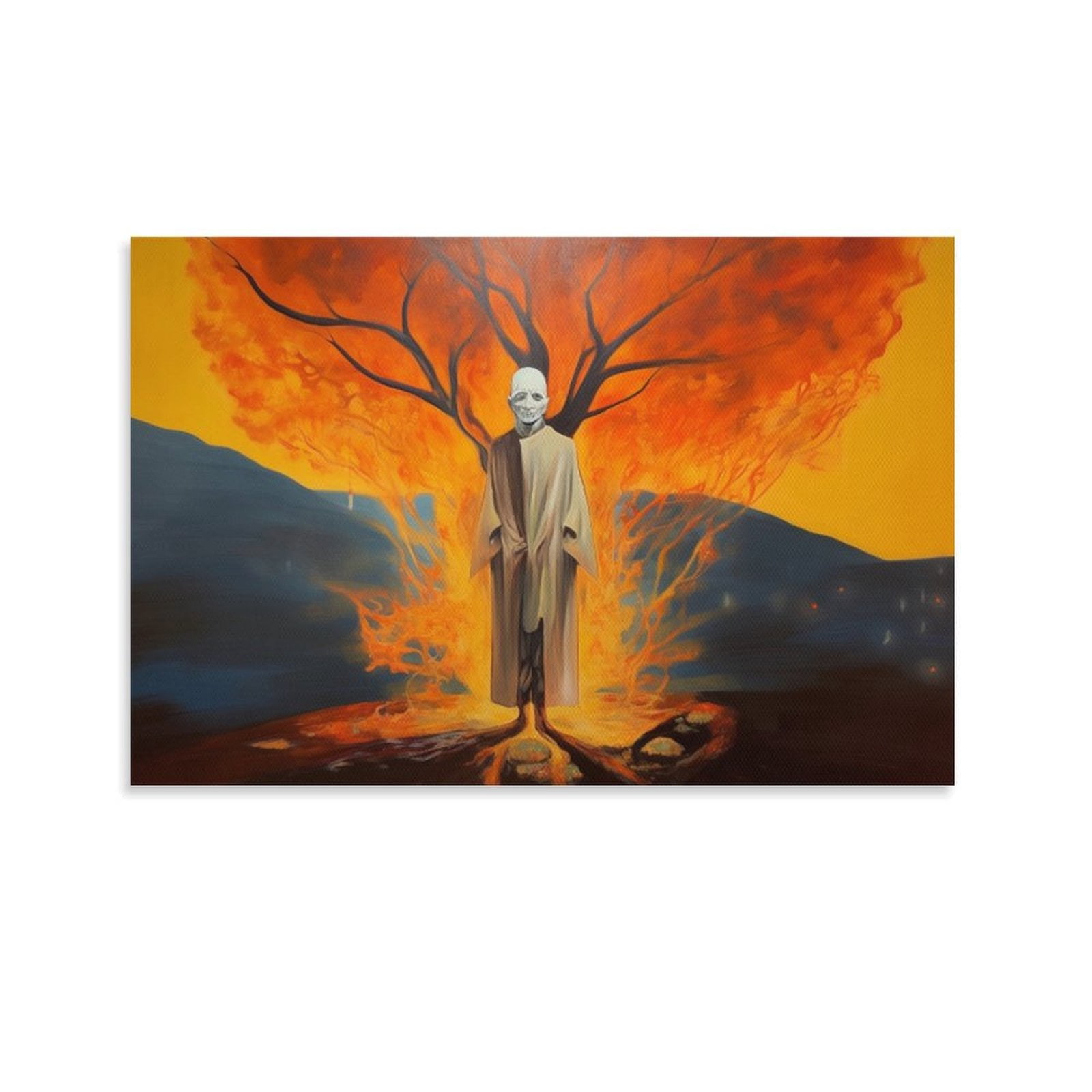 A Serene Figure Stands Beneath A Towering Barren Tree As Flames Dance ...