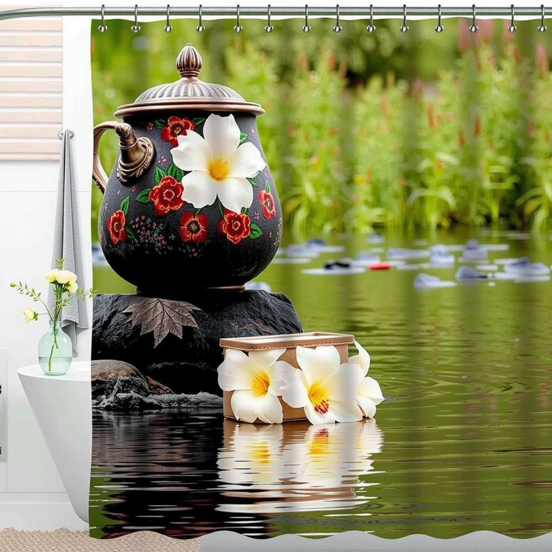 Serene Floral Shower Curtain - Black Teapot Design with Red & White ...