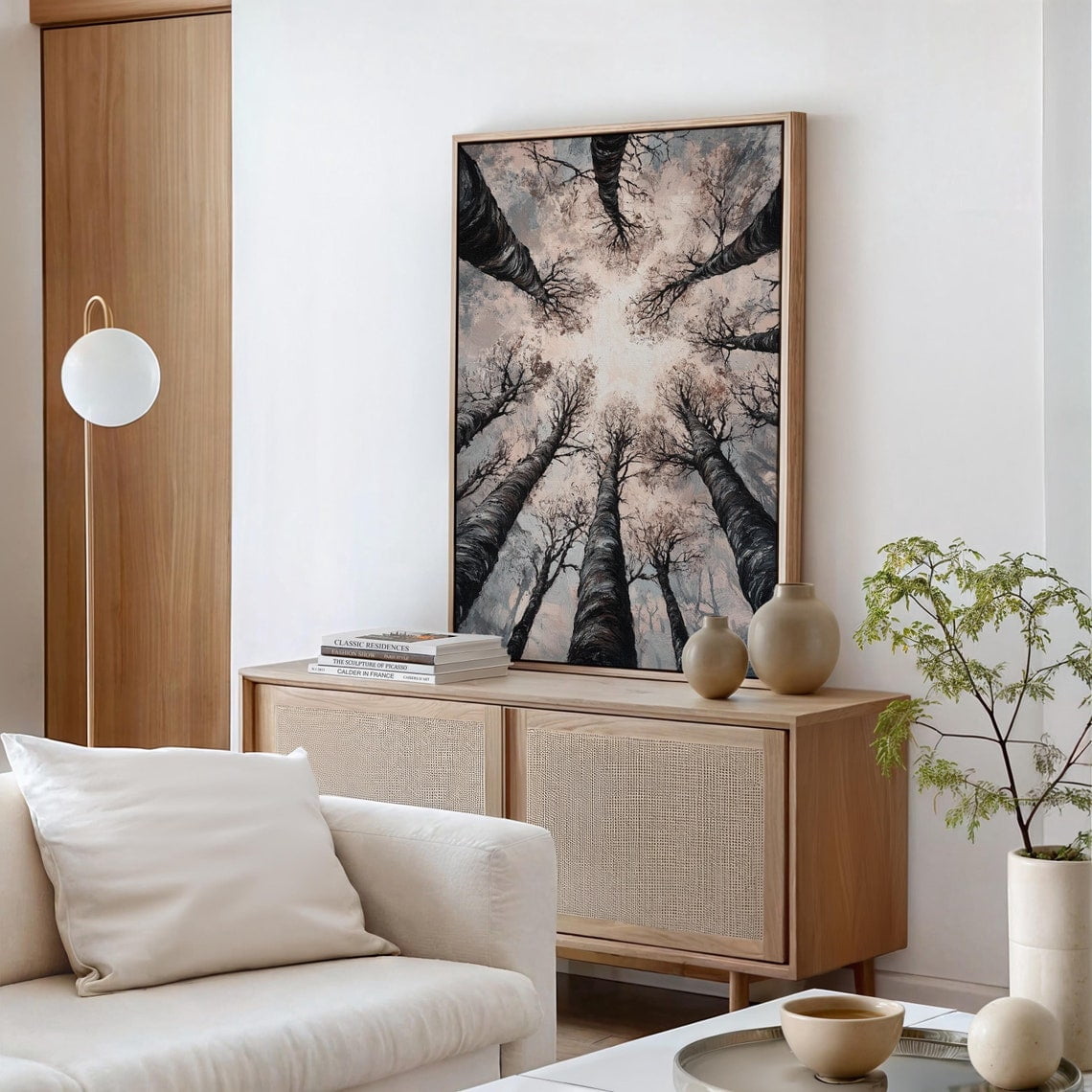Serene Forest Canopy Art – Looking Up At Winter Birch Trees With A Soft ...