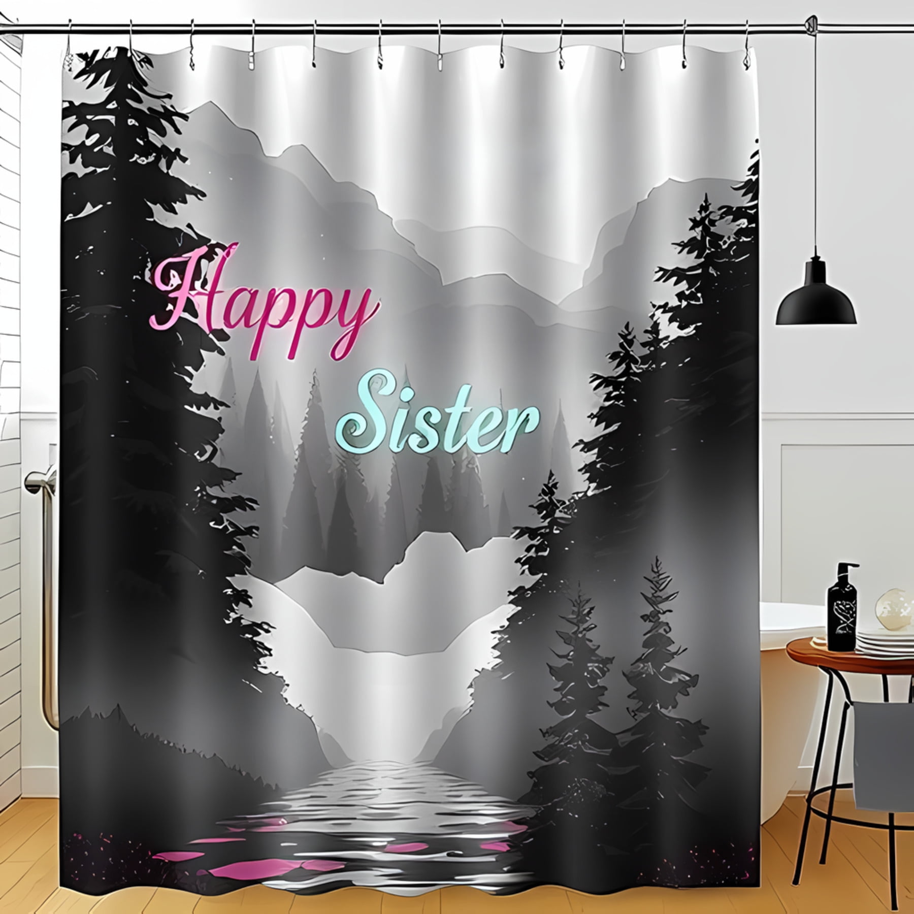 Serene Forest Shower Curtain with Tall Pine Trees & Misty Mountains ...