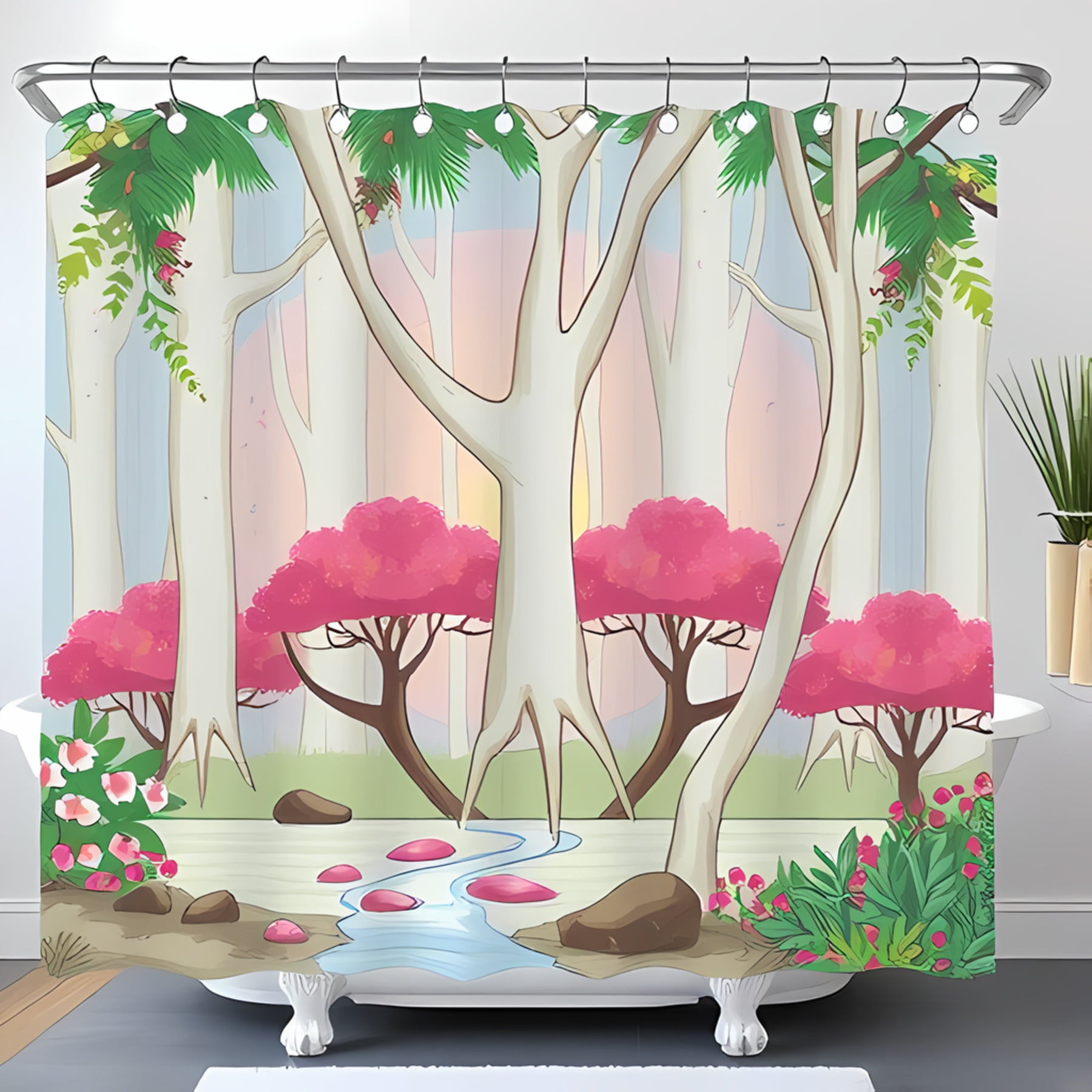 Serene Forest Shower Curtain - Tall White Trees & Vibrant Pink ...