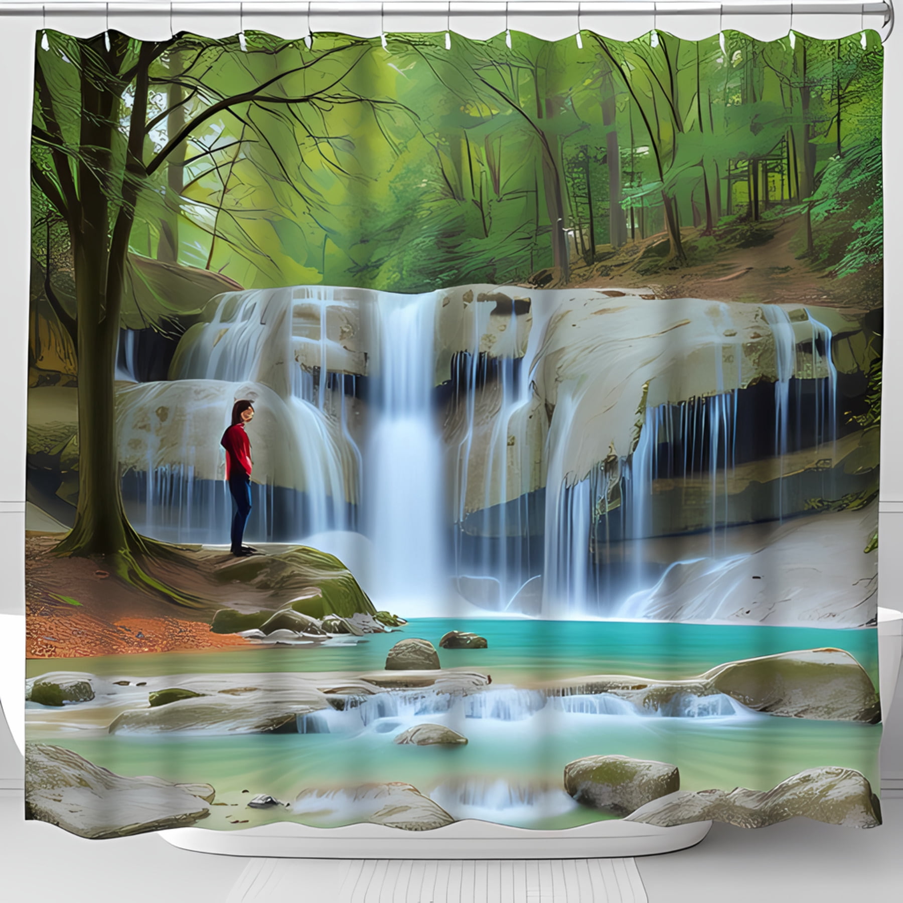 Serene Forest Waterfall Shower Curtain - Green Trees & Pool Design for ...